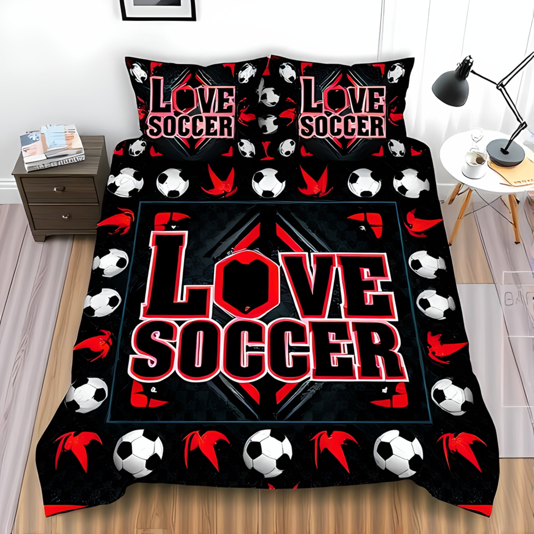 3-Piece Black Duvet Cover Set with Bold 'LOVE SOCCER' Red Motif Soccer ...