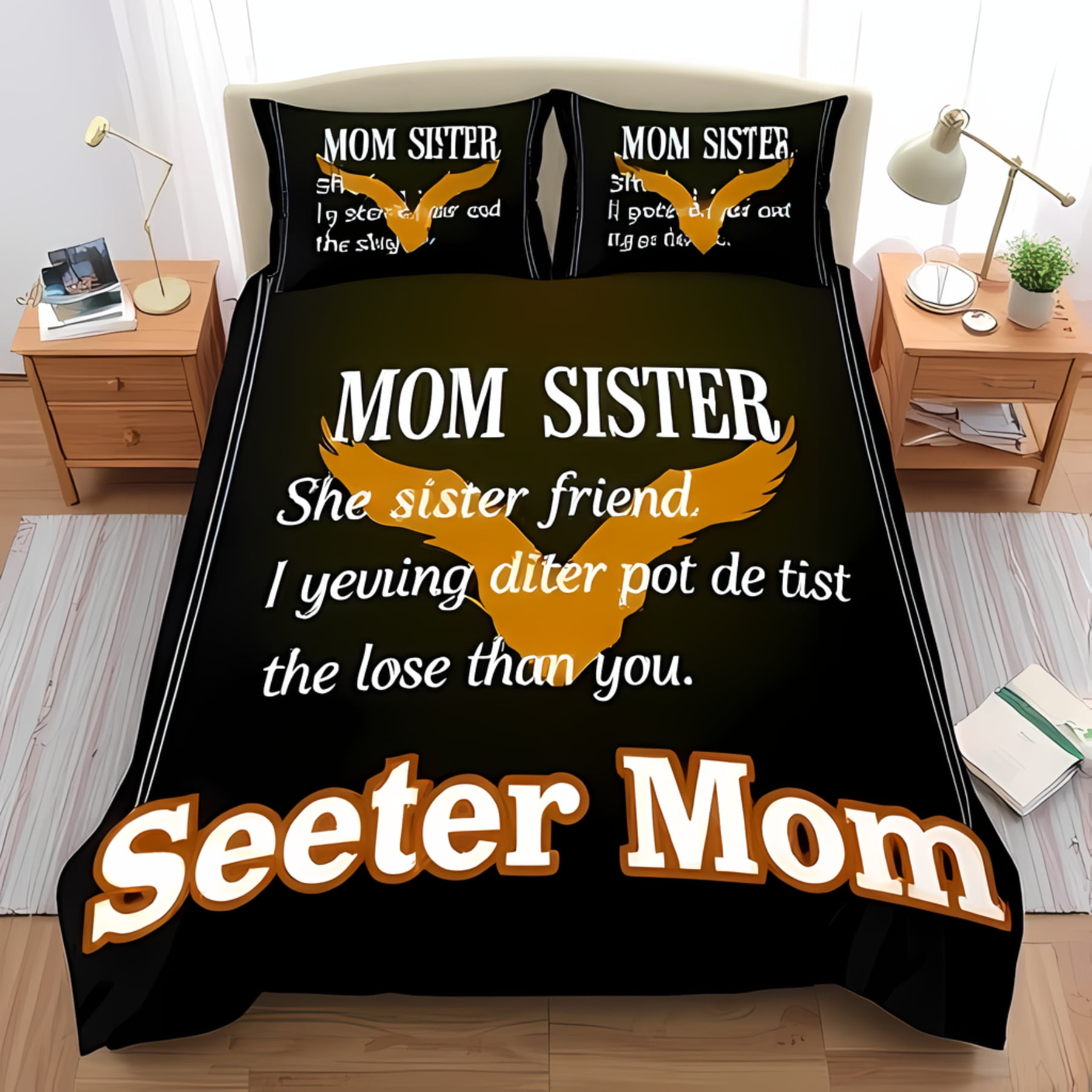 3-Piece Black Duvet Cover Set with Bold 'Mom Sister' Design & Orange ...