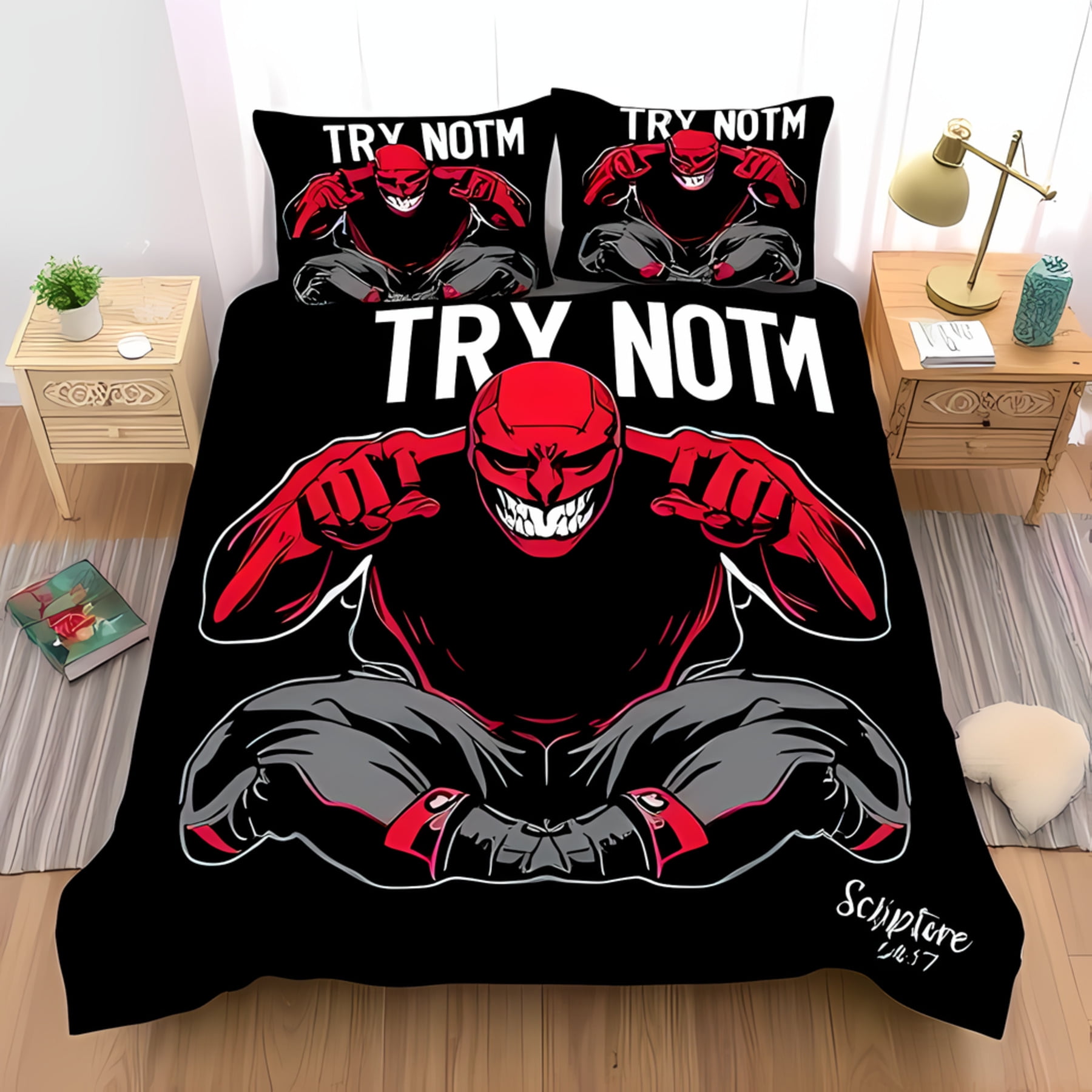 3-Piece Black Duvet Cover Set with Bold Red and White Menacing ...