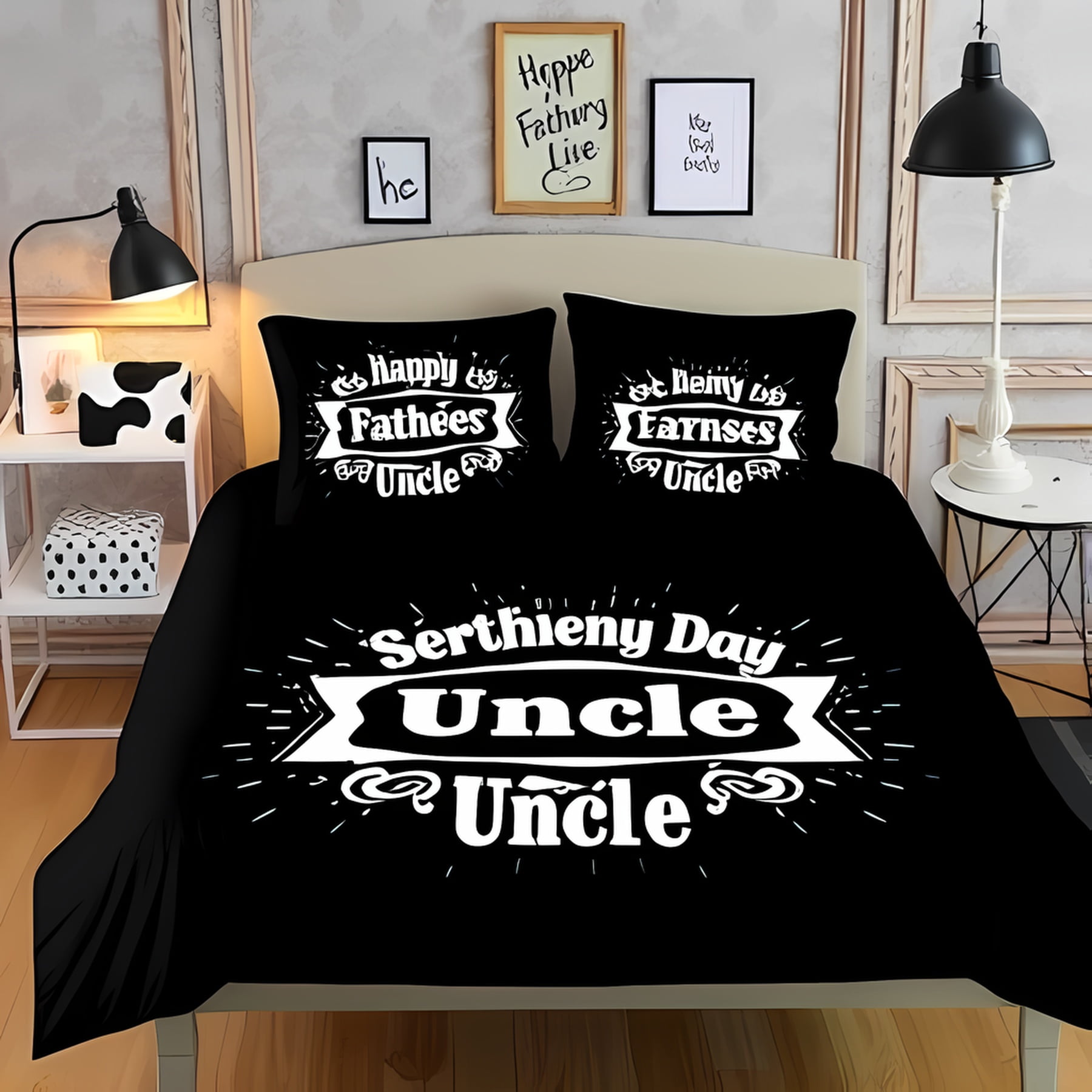 3-Piece Black Duvet Cover Set with Bold White Uncle's Day Design ...