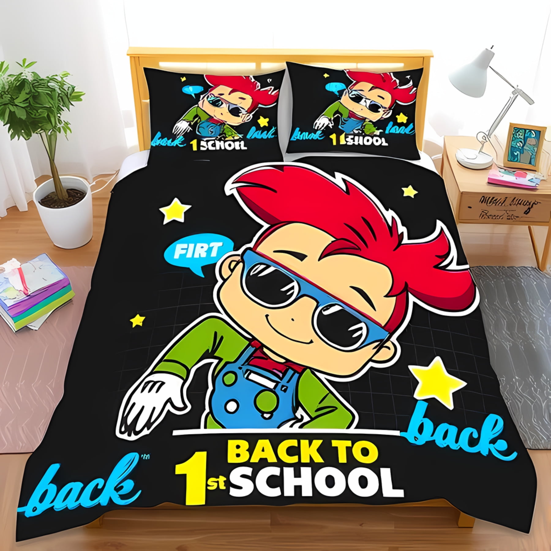 3-Piece Black Duvet Cover Set with Cartoon Boy Red Hair & Sunglasses ...