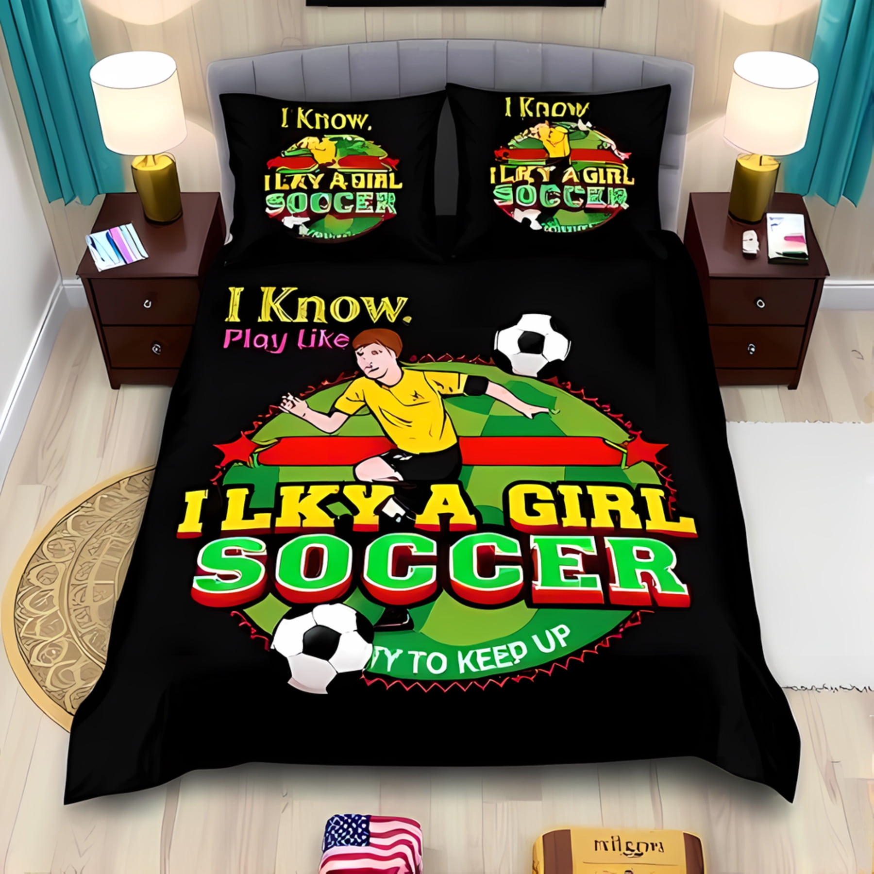 3-Piece Black Duvet Cover Set with Cartoon Girl Soccer Player Design ...