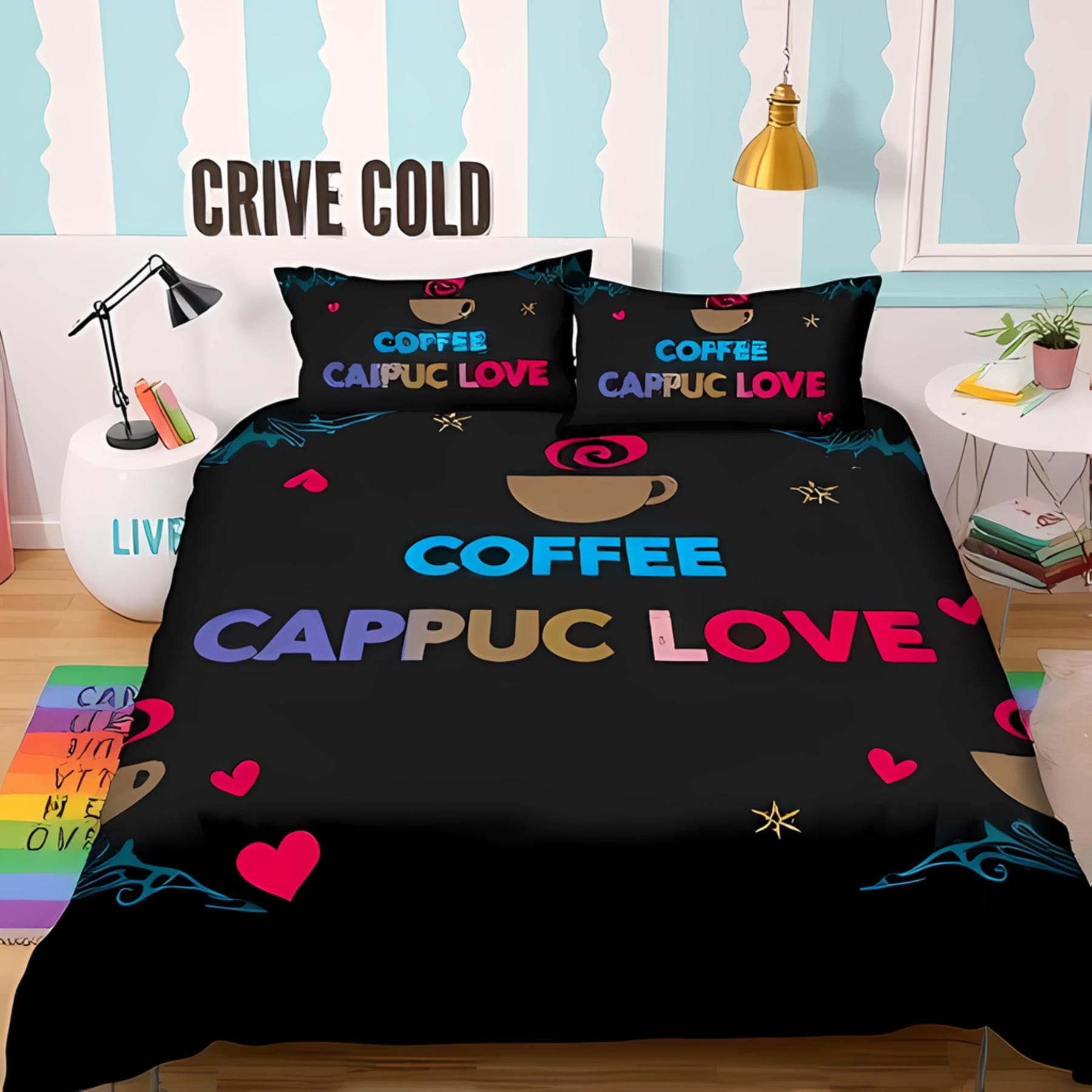 3-Piece Black Duvet Cover Set with " Coffee Cappuc Love " Design Colorful Hearts & Stars Cozy ...