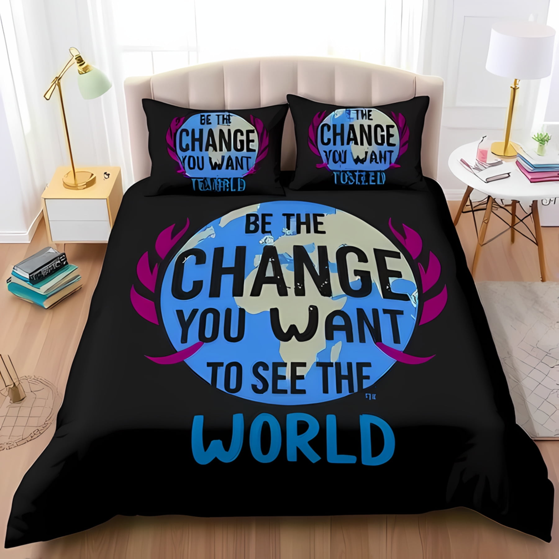 3-Piece Black Duvet Cover Set with Colorful Inspirational Message World ...