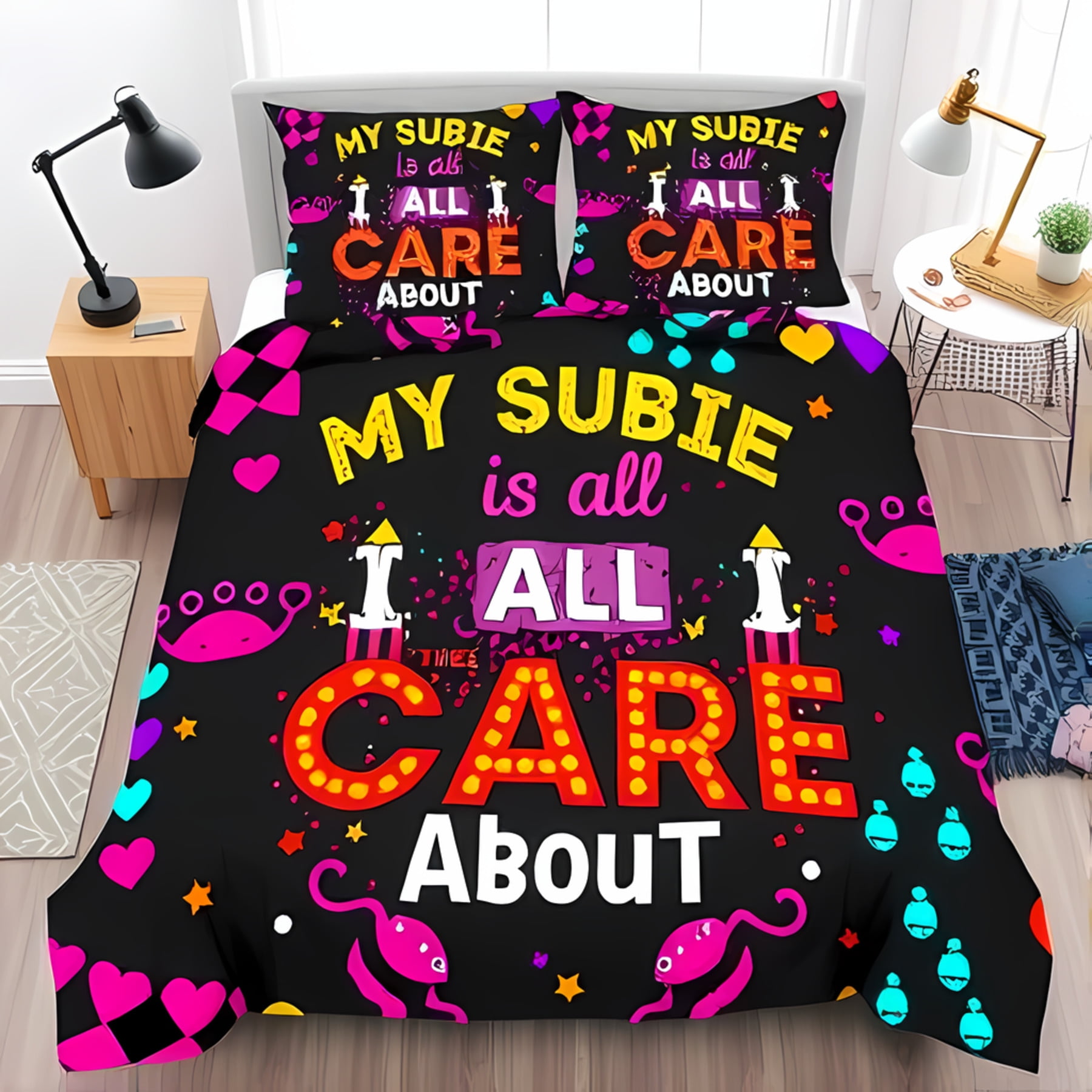 3-Piece Black Duvet Cover Set with Colorful 'My Subie is All I Care ...