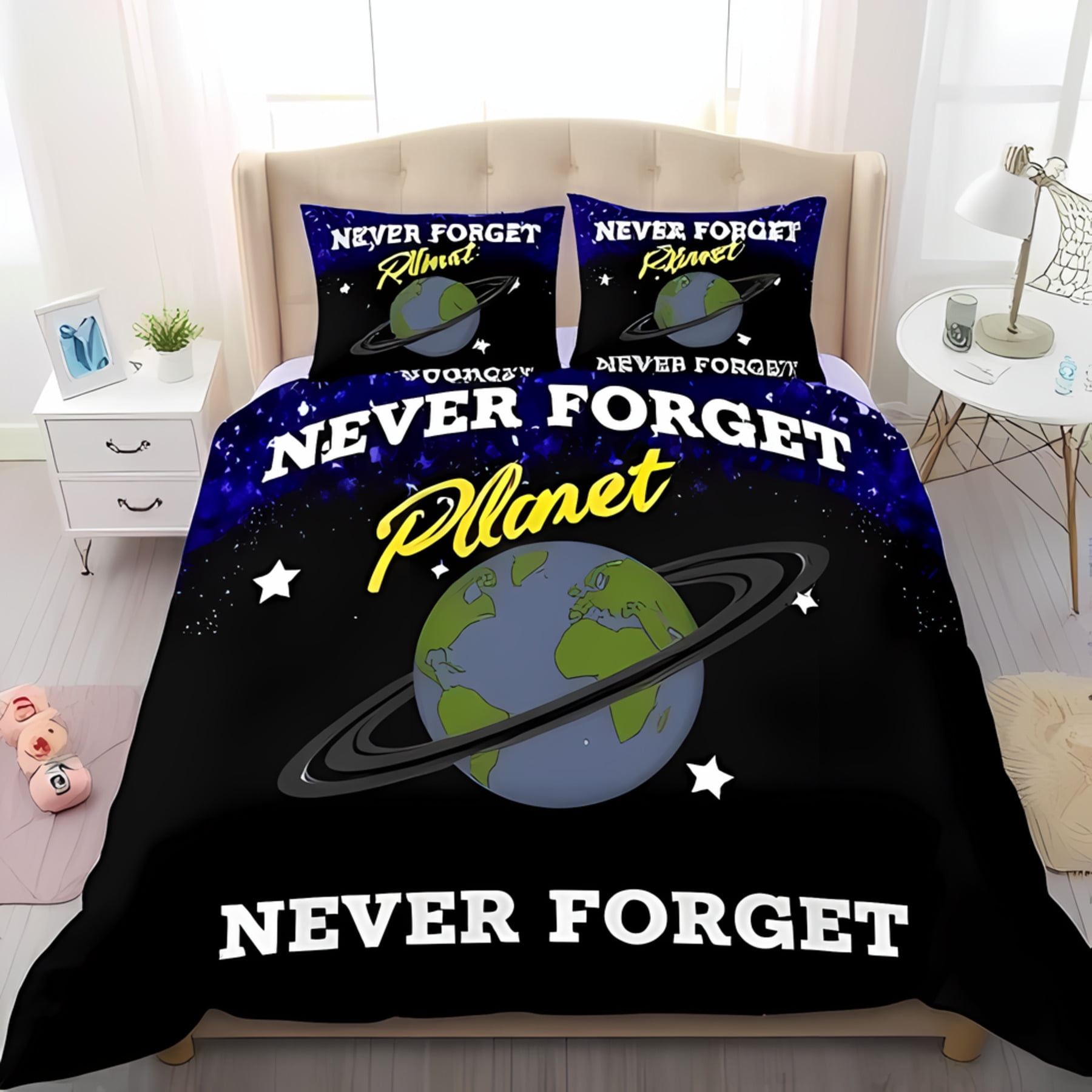 3-Piece Black Duvet Cover Set with Earth Design & "NEVER FORGET Planet ...