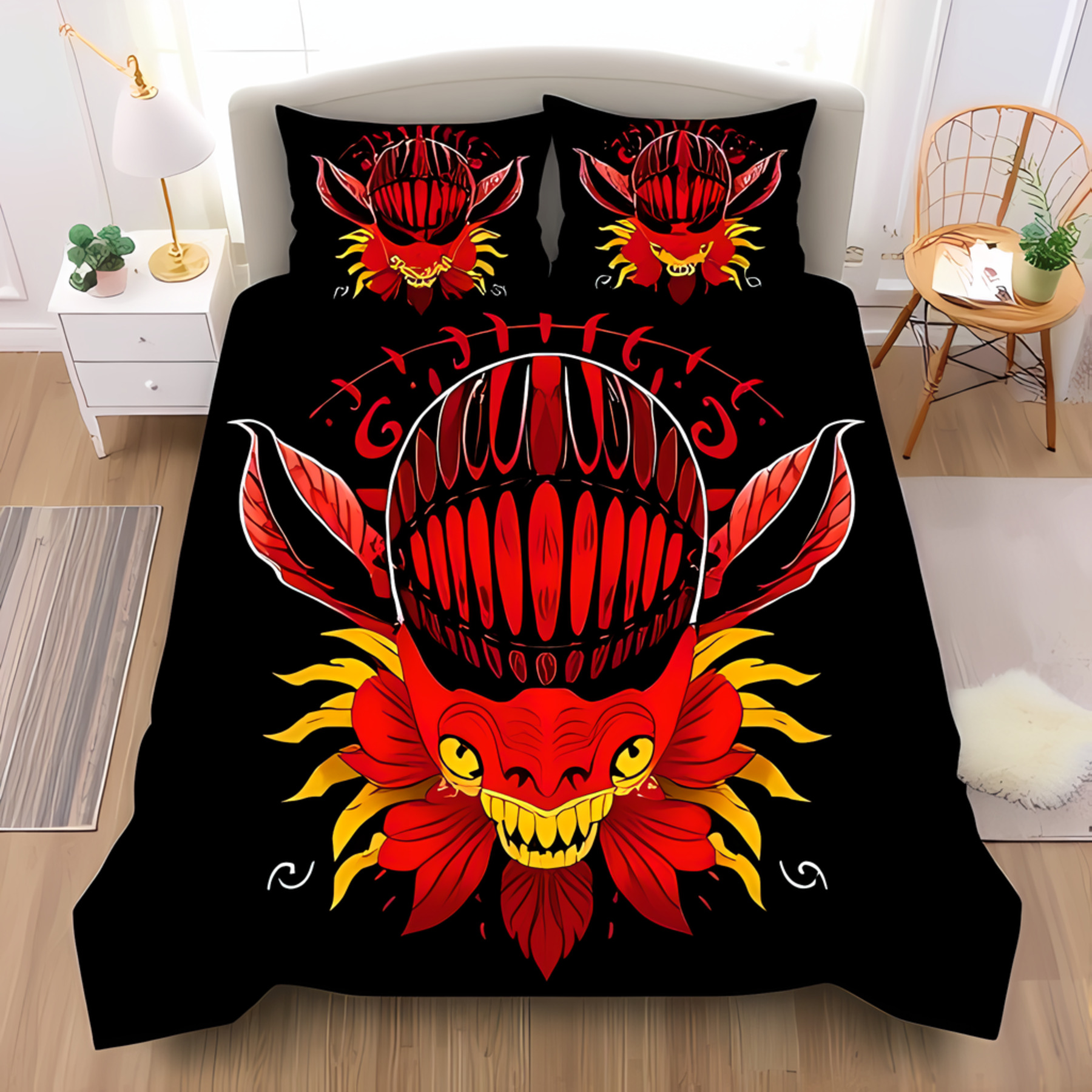 3-Piece Black Duvet Cover Set with Fiery Demonic Creature Design - Bold ...