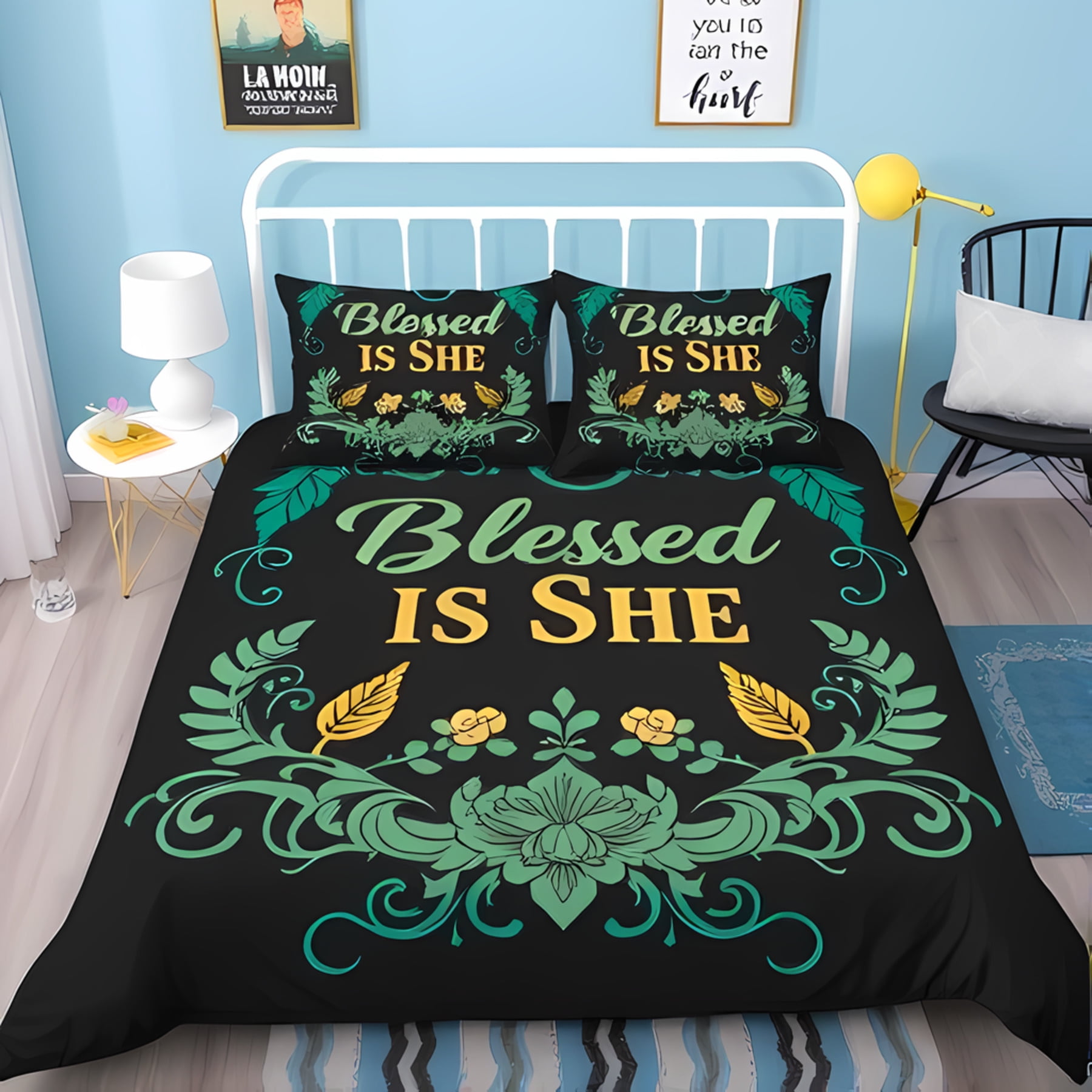 3-Piece Black Duvet Cover Set with Floral Pattern & " Blessed IS SHE ...