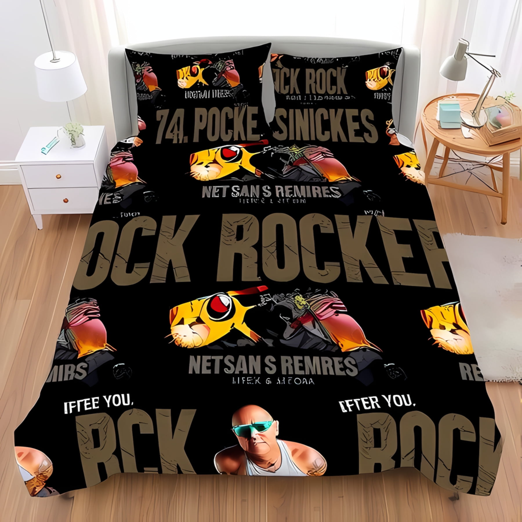 3-Piece Black Duvet Cover Set with Gold-Brown 'ROCK ROCKER' Text ...