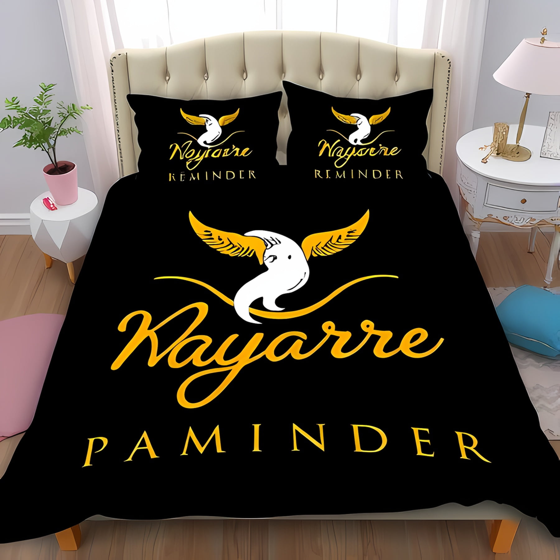 3-Piece Black Duvet Cover Set with Gold Winged Creature Design ...