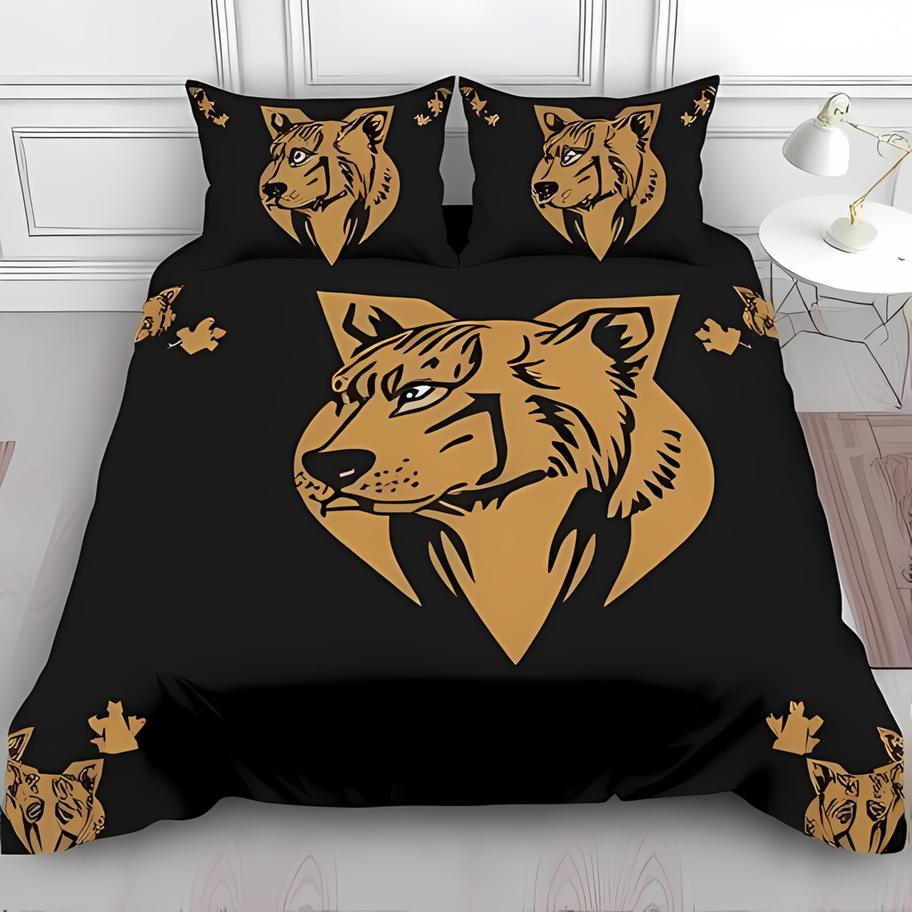 3-Piece Black Duvet Cover Set with Golden Wolf Head Design & Matching ...