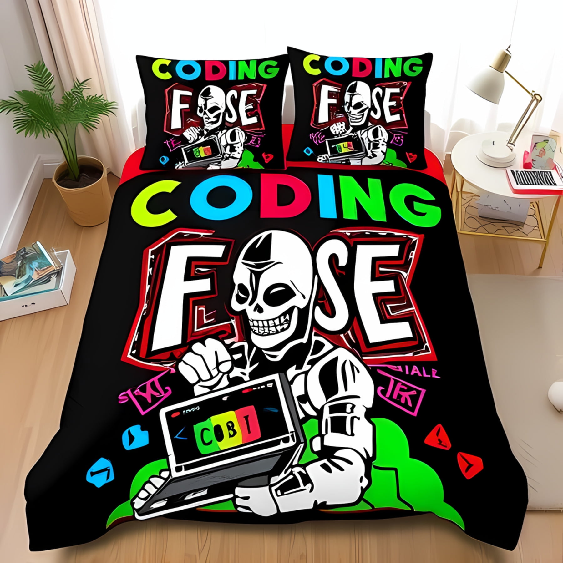3-Piece Black Duvet Cover Set with Graffiti Coding Design Colors ...