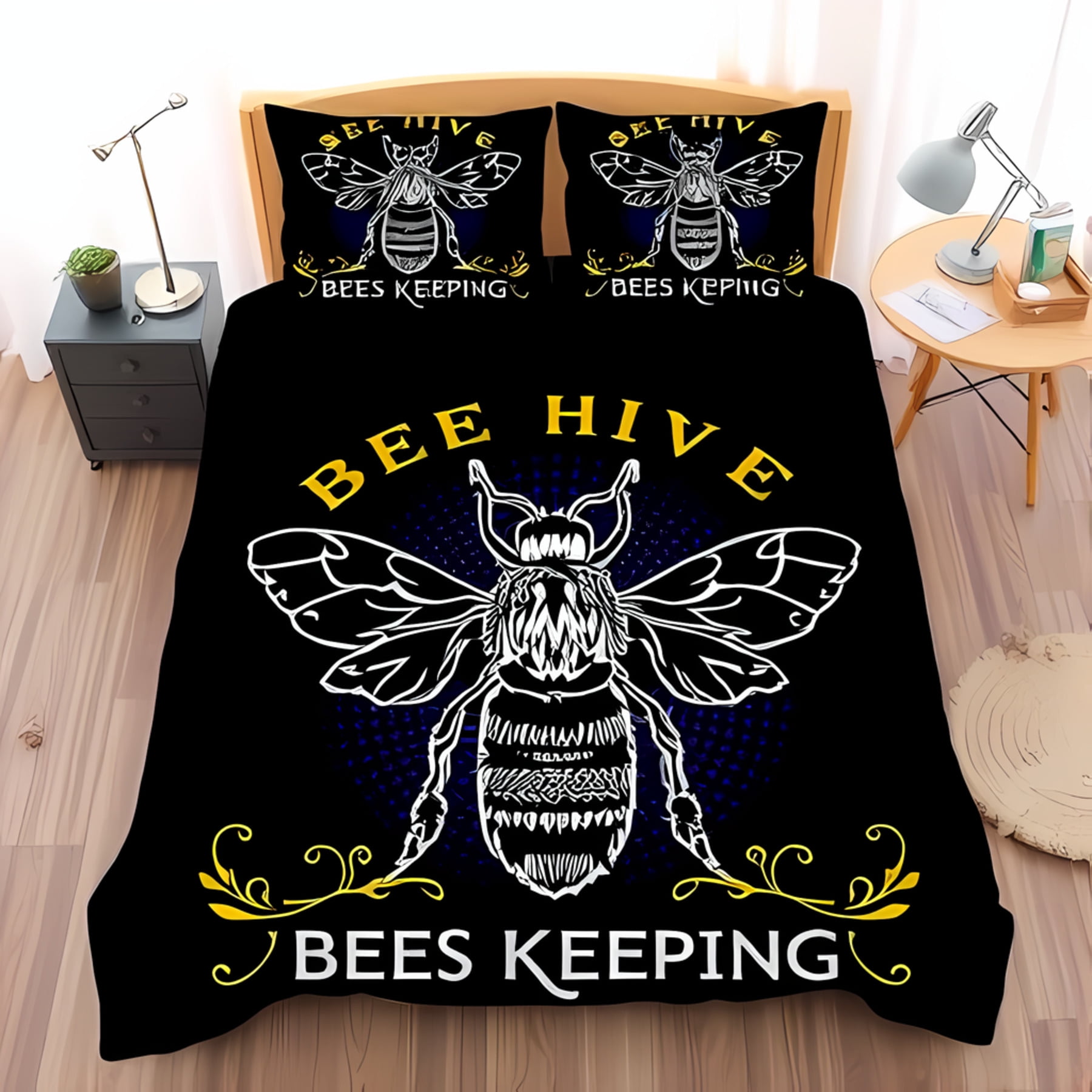 3-Piece Black Duvet Cover Set with Large White Bee and Pattern " BEE ...