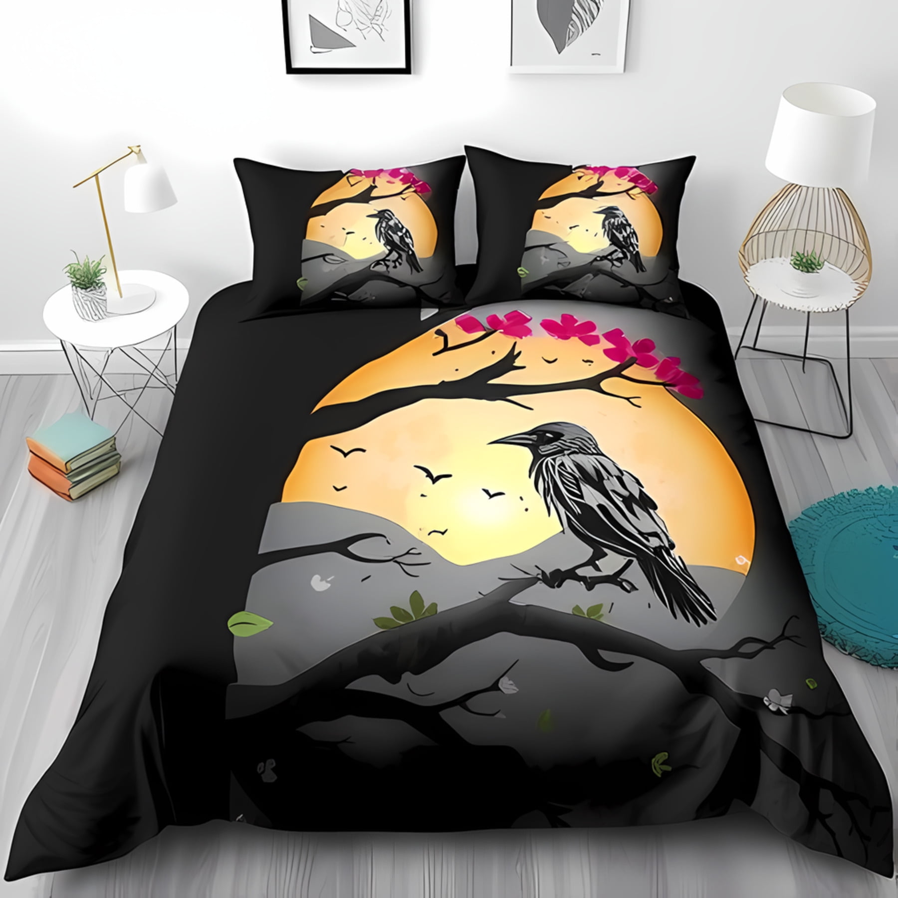 3-Piece Black Duvet Cover Set with Majestic Crow Design Gray and Black ...