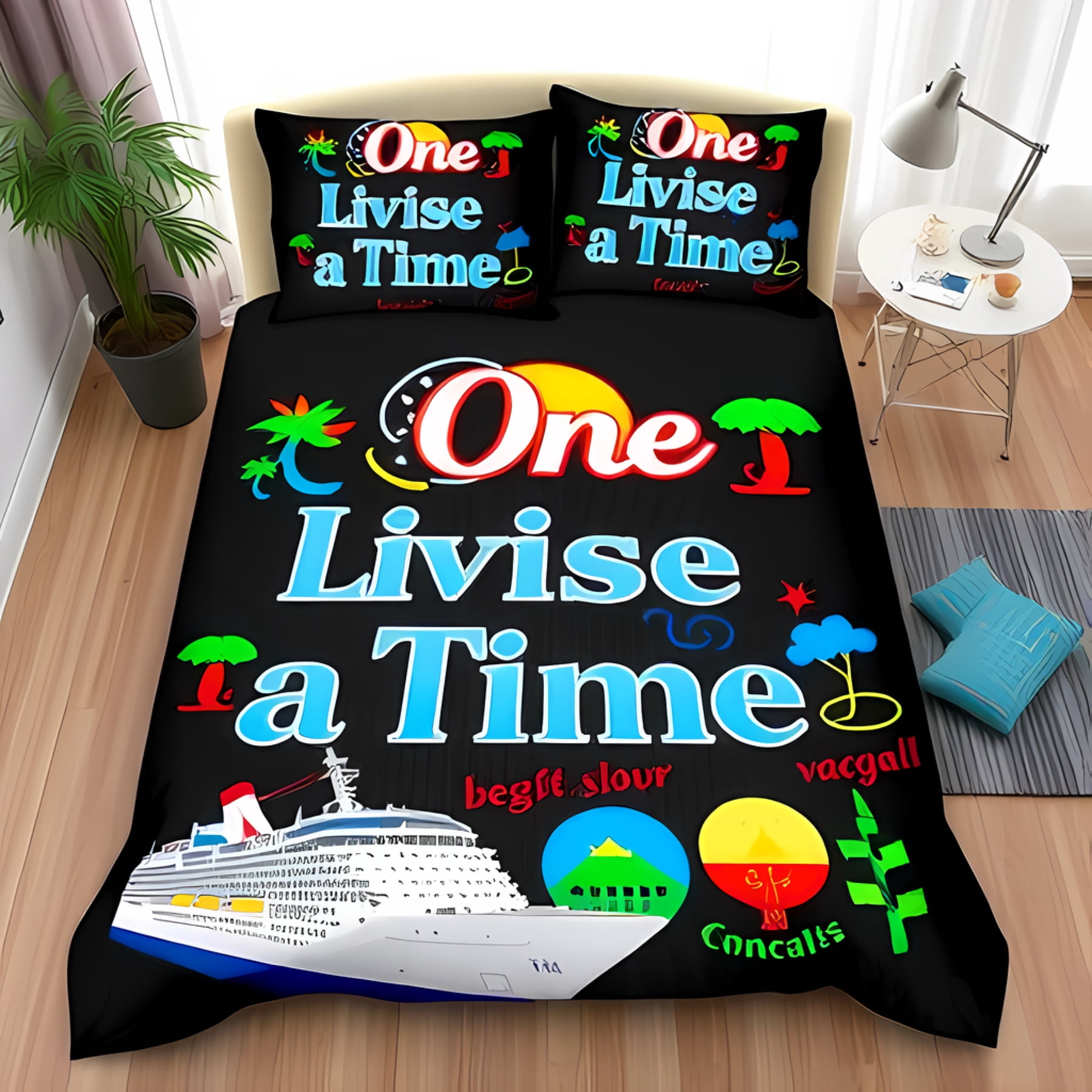 3-Piece Black Duvet Cover Set with " One Livise a Time " Tropical ...
