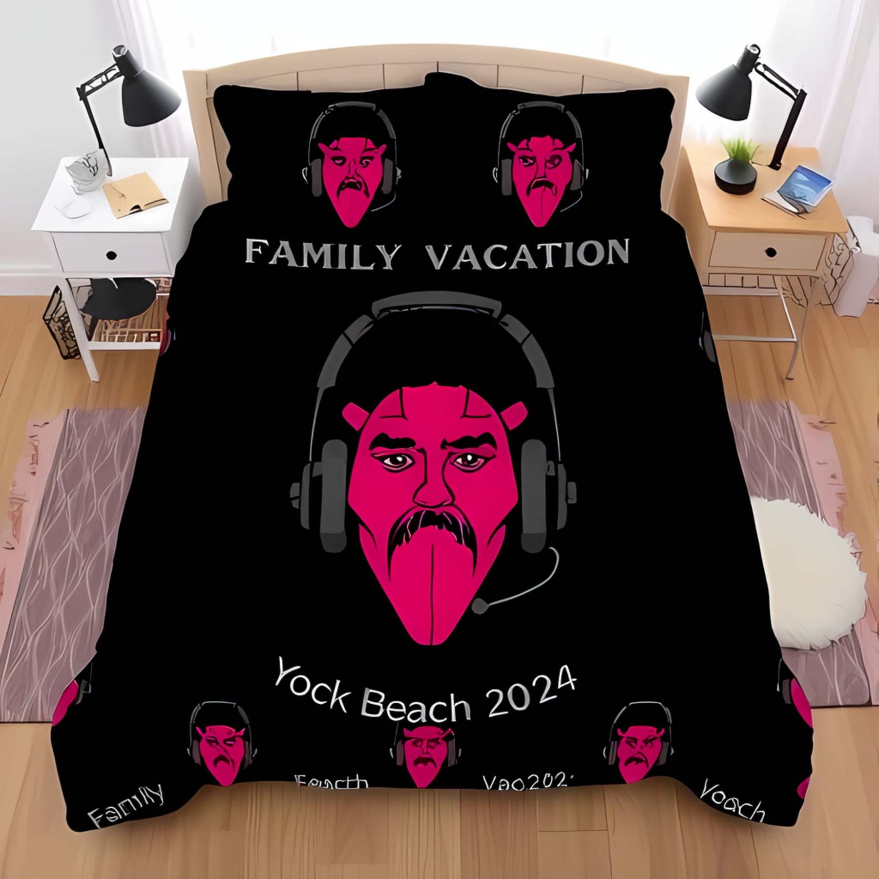 3-Piece Black Duvet Cover Set with Pink -Horned Man in Headphones ...