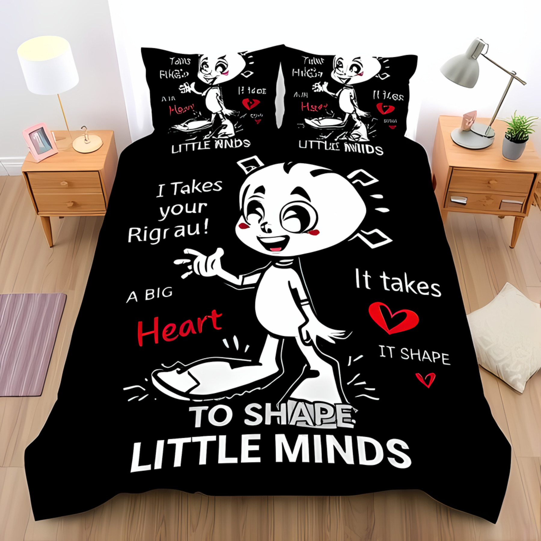 3-Piece Black Duvet Cover Set with Playful Cartoon Teacher Design ...
