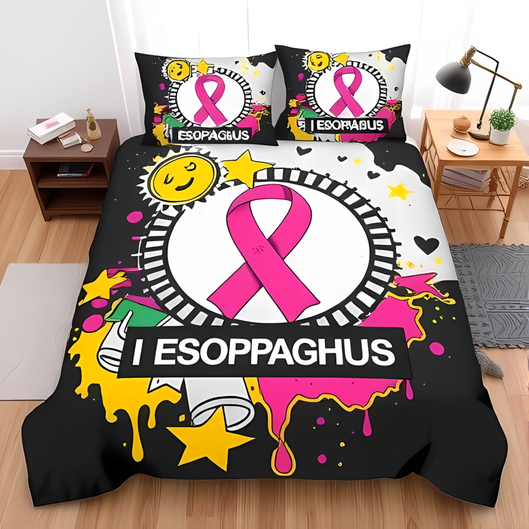 3-Piece Black Duvet Cover Set with Playful Pink Ribbons Smiling Suns ...