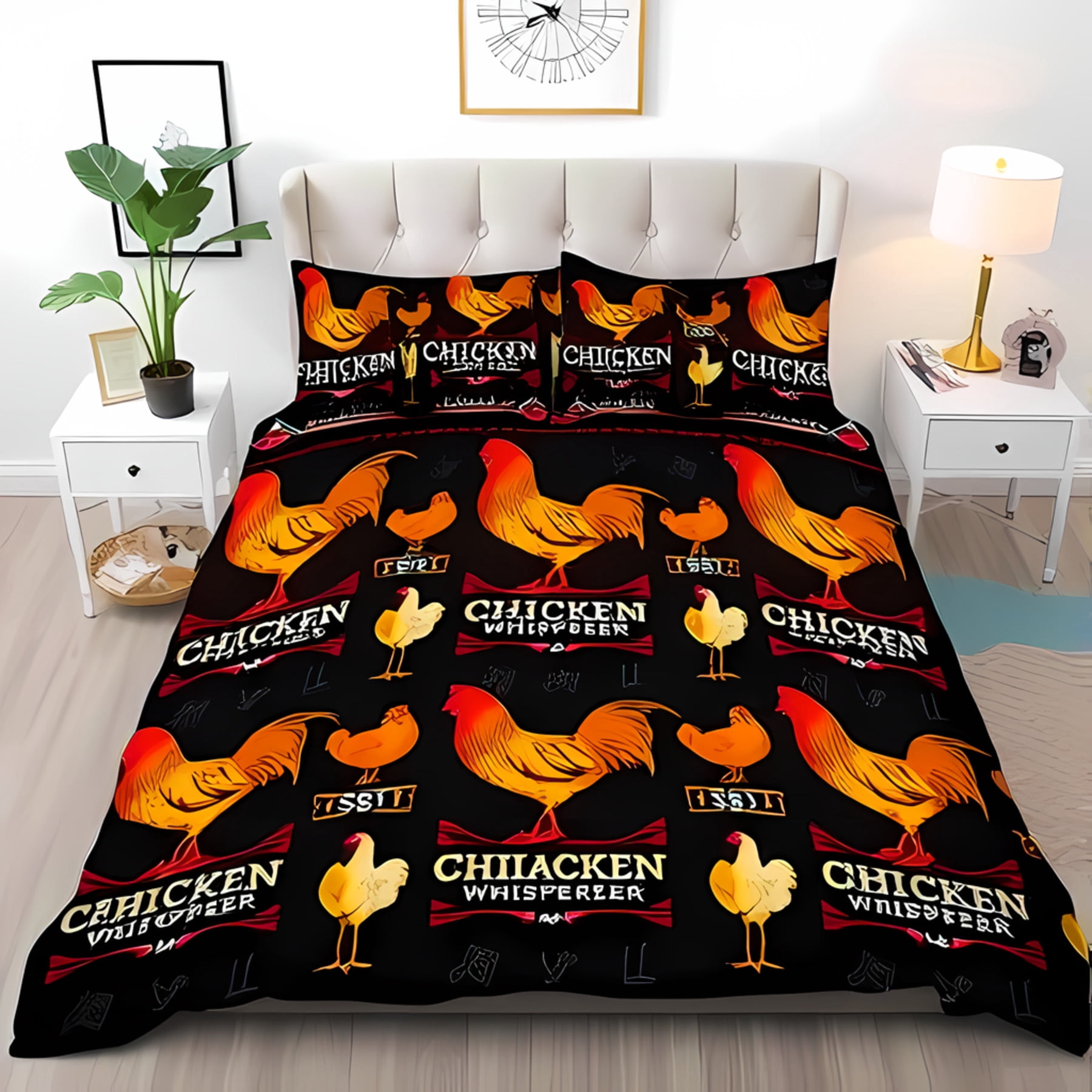 3-Piece Black Duvet Cover Set with Playful Rooster Pattern & "Chicken ...
