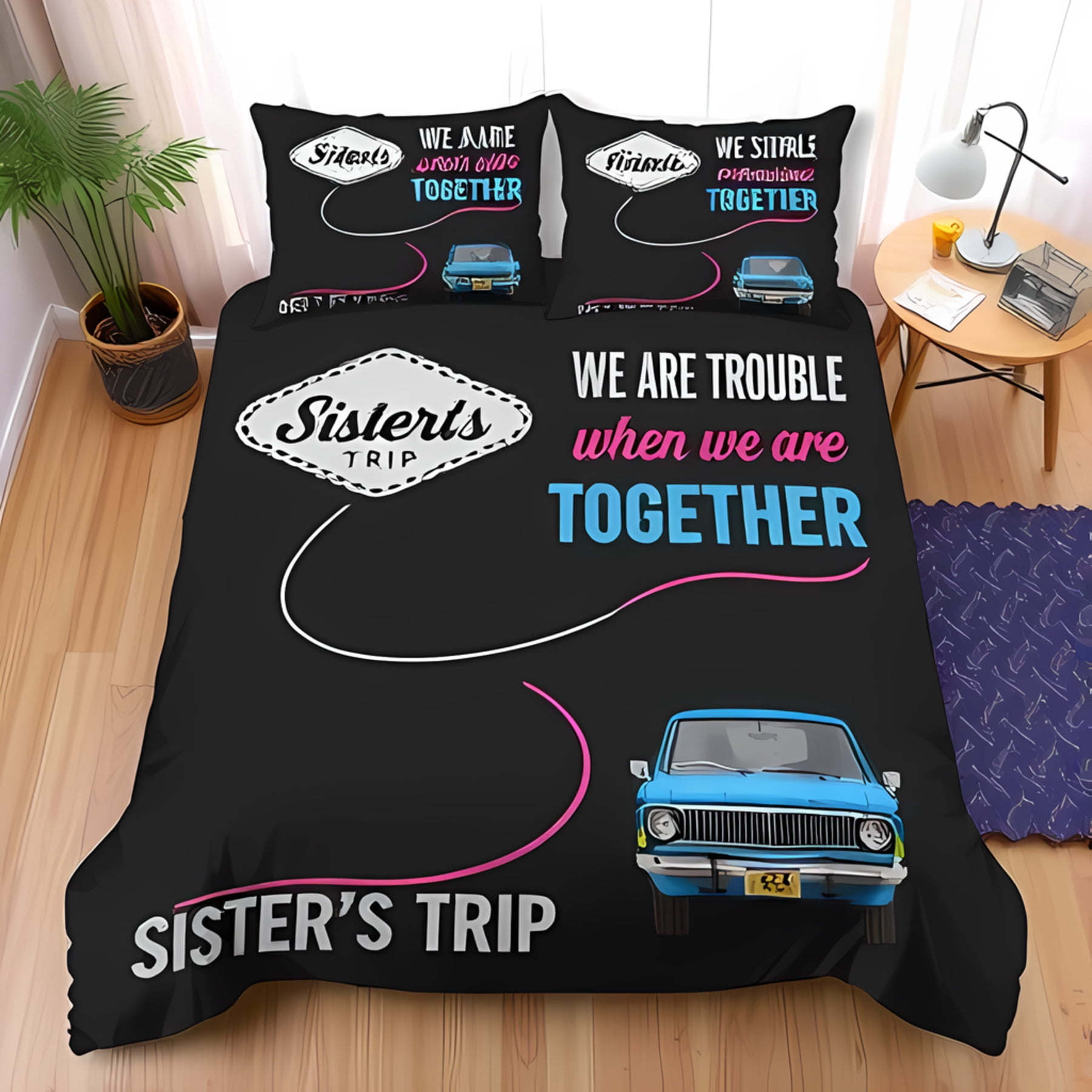 3-Piece Black Duvet Cover Set with Playful Sister Trip Design Retro ...