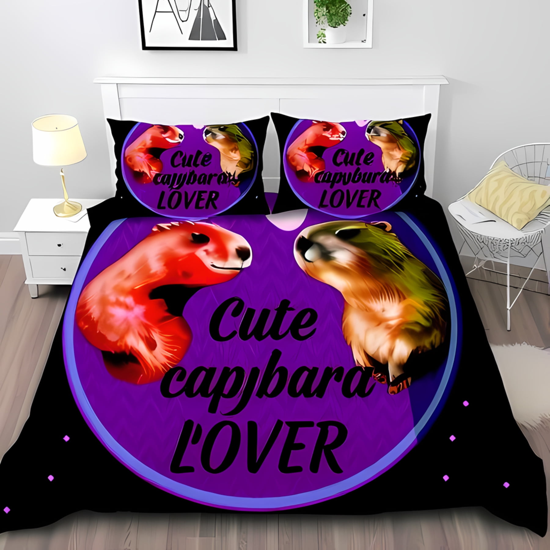 3-Piece Black Duvet Cover Set with Purple Circle & Adorable Capybaras ...