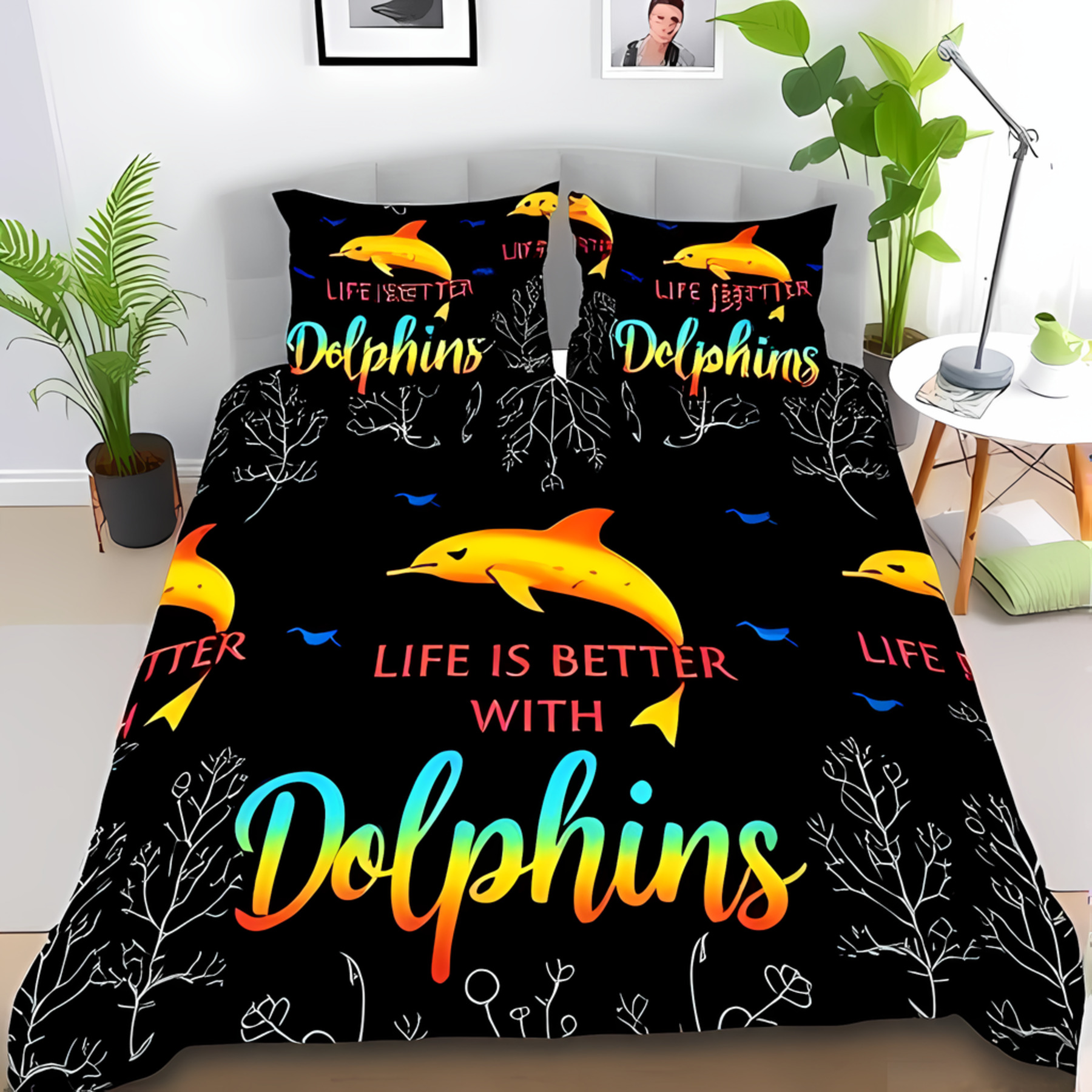 3-Piece Black Duvet Cover Set with Rainbow Dolphins & Uplifting 'Life ...