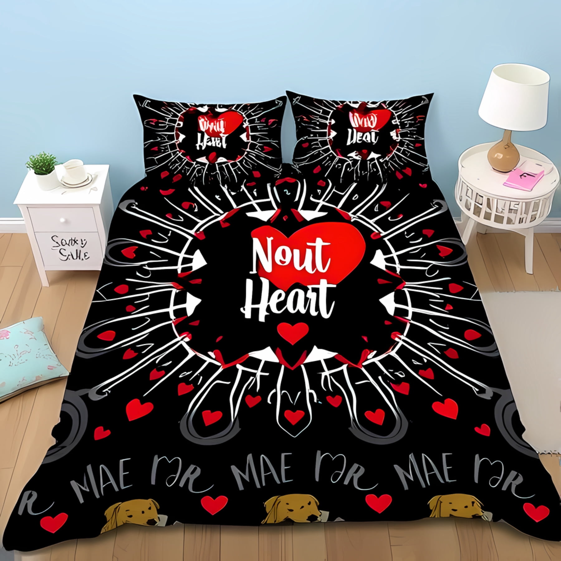 3-Piece Black Duvet Cover Set with Red Heart Design & "Nout Heart ...