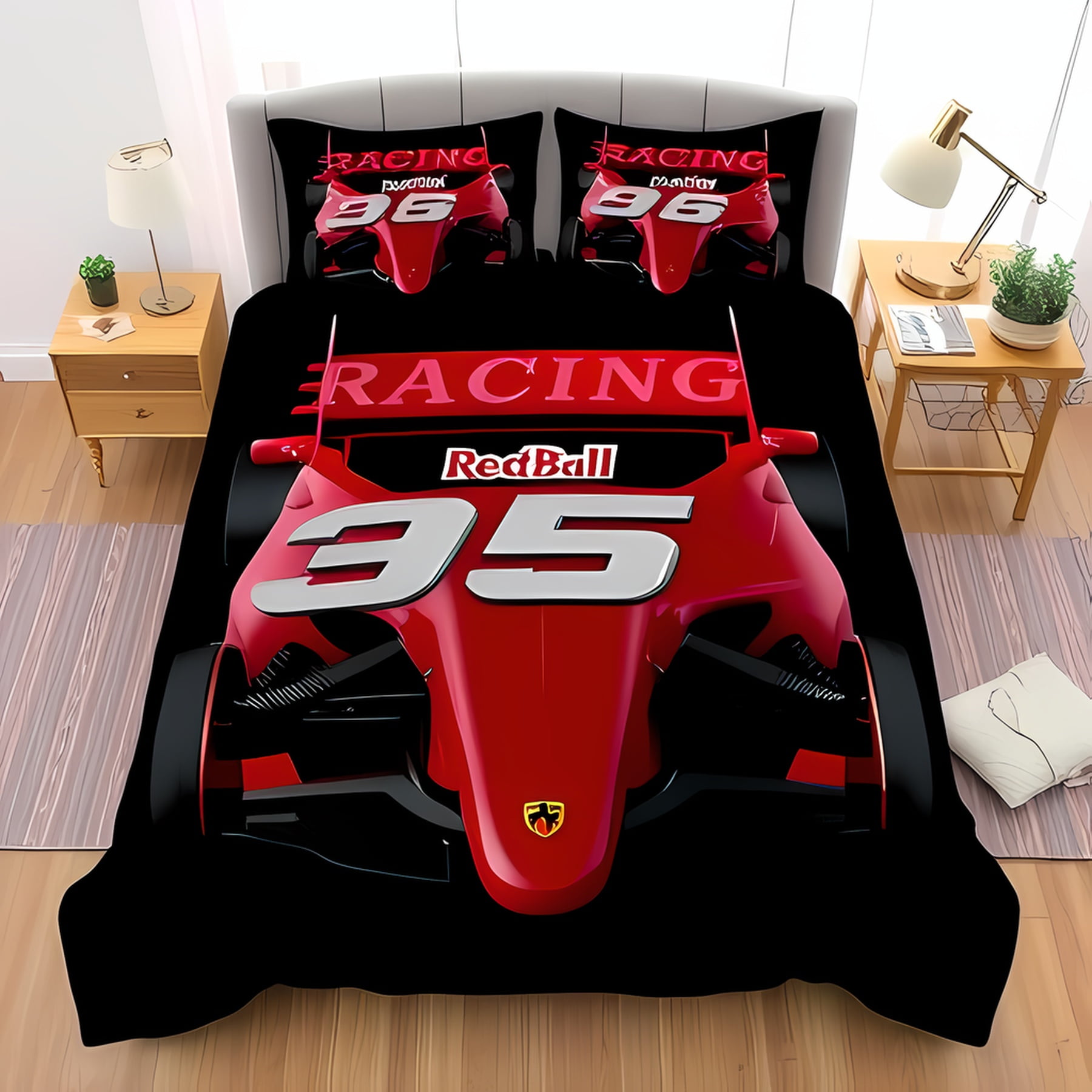 3-Piece Black Duvet Cover Set with Red Race Car Design & Matching ...
