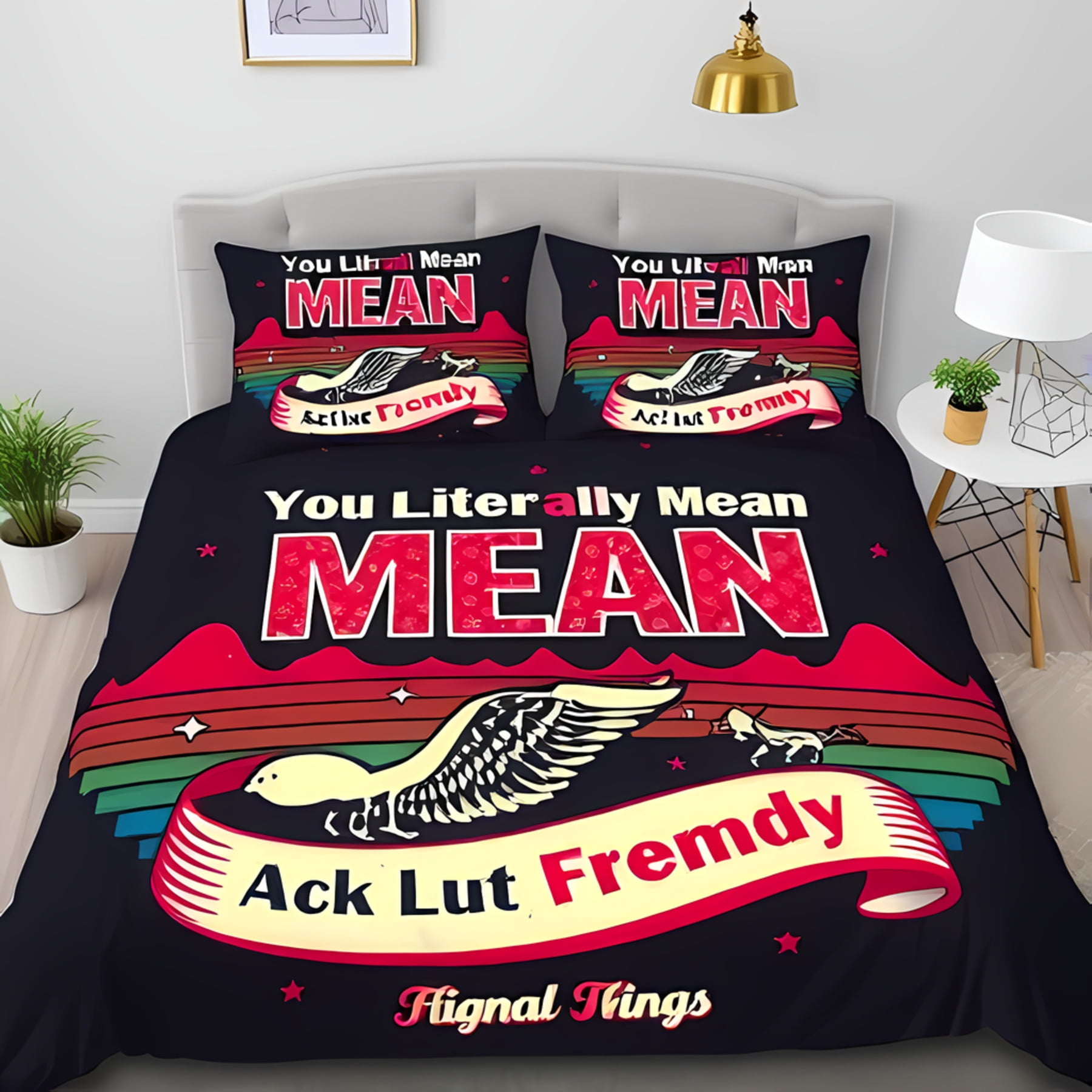 3-Piece Black Duvet Cover Set with Retro 'MEAN' Design Colorful Rainbow ...