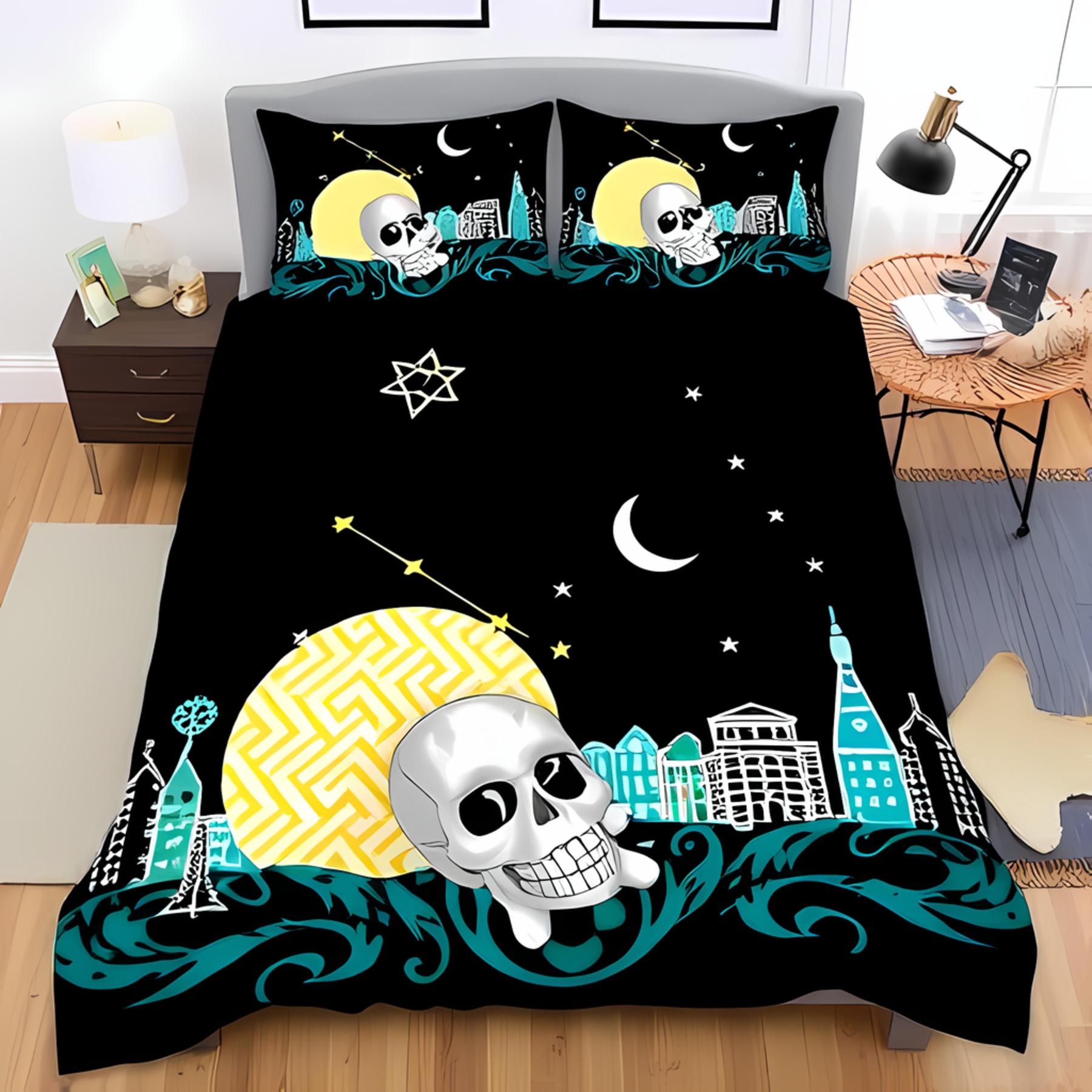 3-Piece Black Duvet Cover Set with Skulls City & Constellations - Edgy ...
