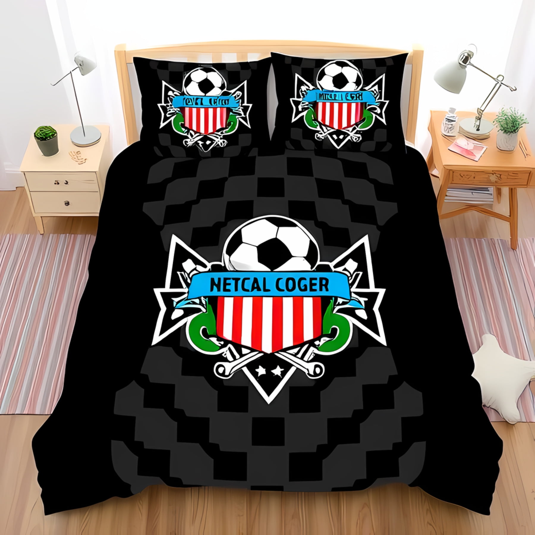 3-Piece Black Duvet Cover Set with Soccer Ball Red White & Checkered ...