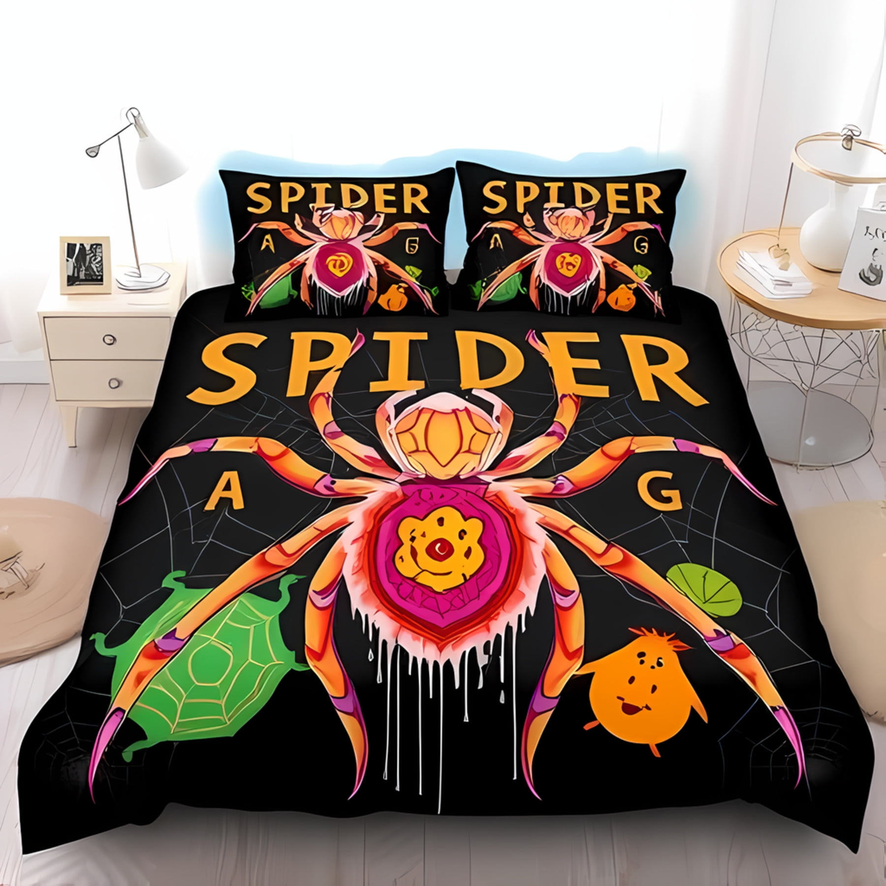 3-Piece Black Duvet Cover Set with Spider Design Glow-in-the-Dark Orbs ...