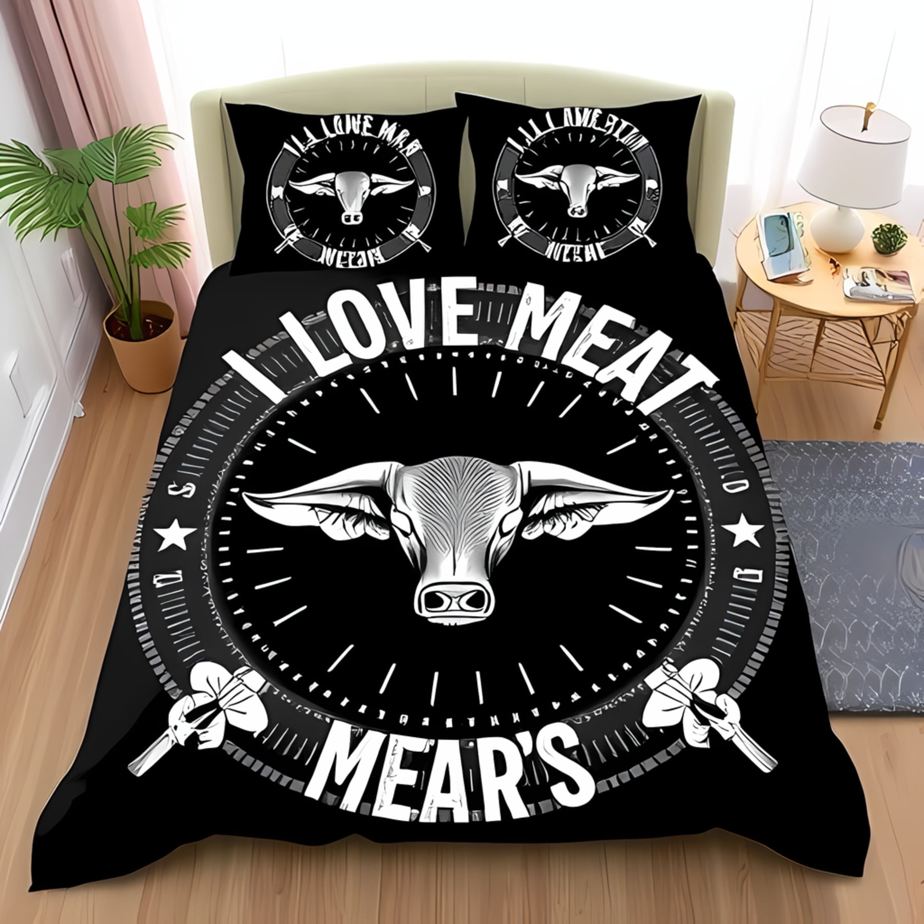 3-Piece Black Duvet Cover Set with Stylized 's Head Design & Butchering ...