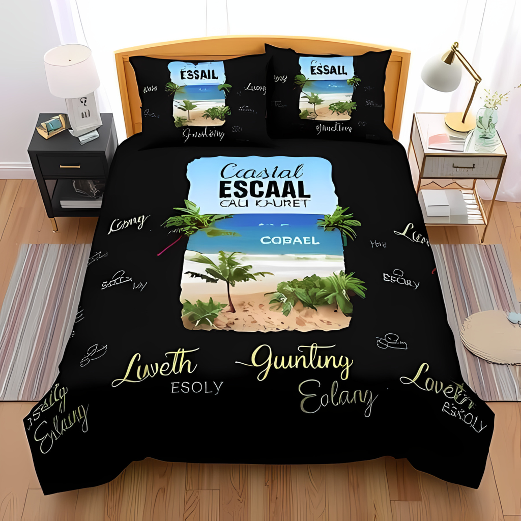 3-Piece Black Duvet Cover Set with Vibrant Beach Scene & Handwritten ...