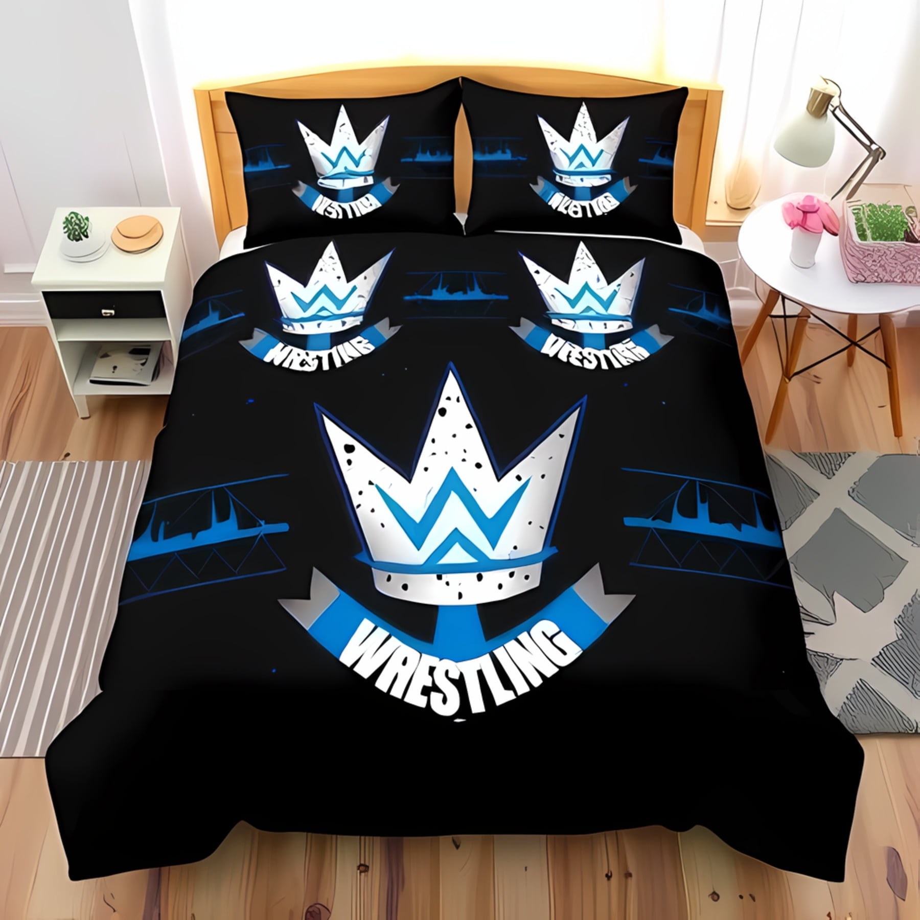 3-Piece Black Duvet Cover Set with Vibrant Blue & White Crown Motif and ...
