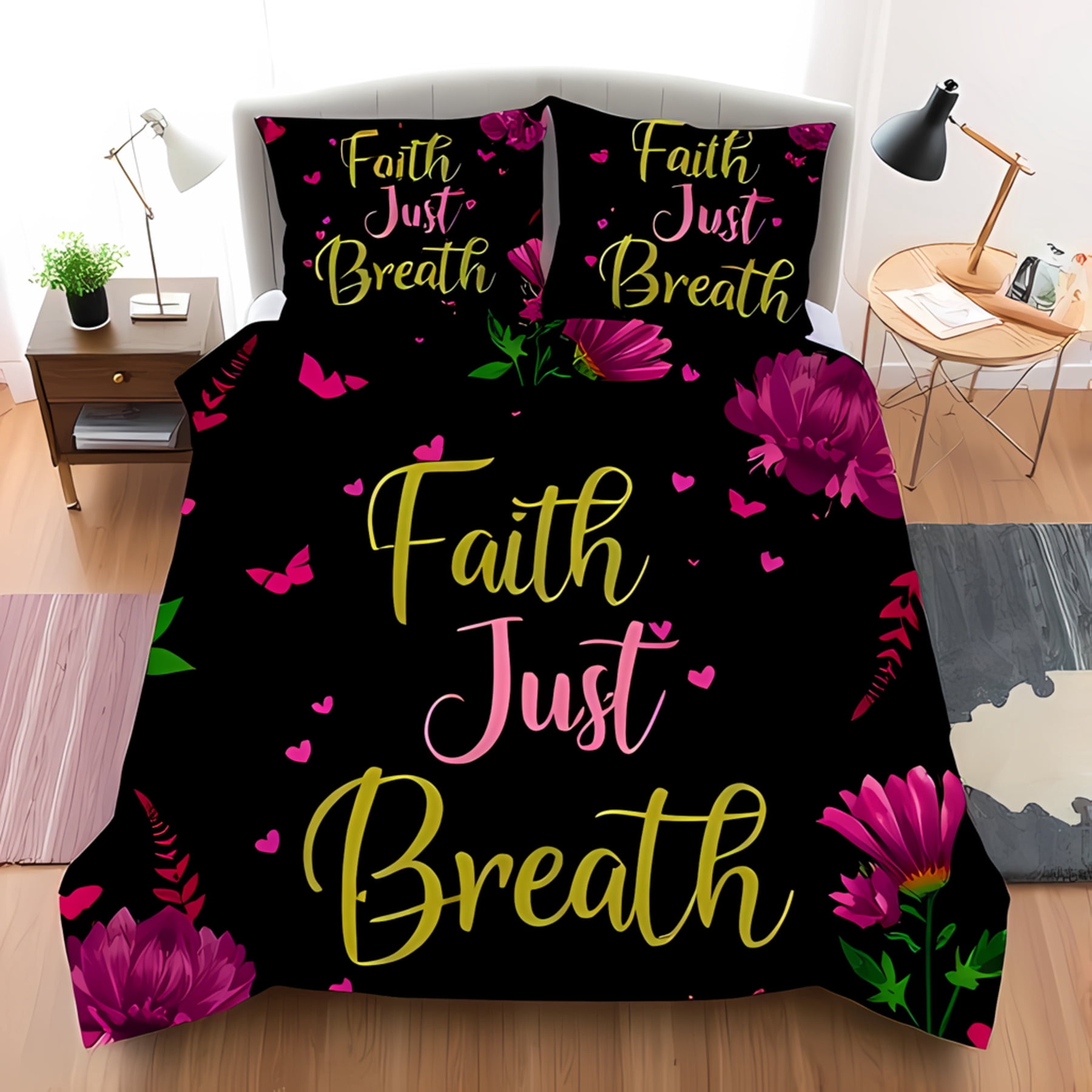 3-Piece Black Duvet Cover Set with Vibrant Fuchsia Floral Pattern Pink ...