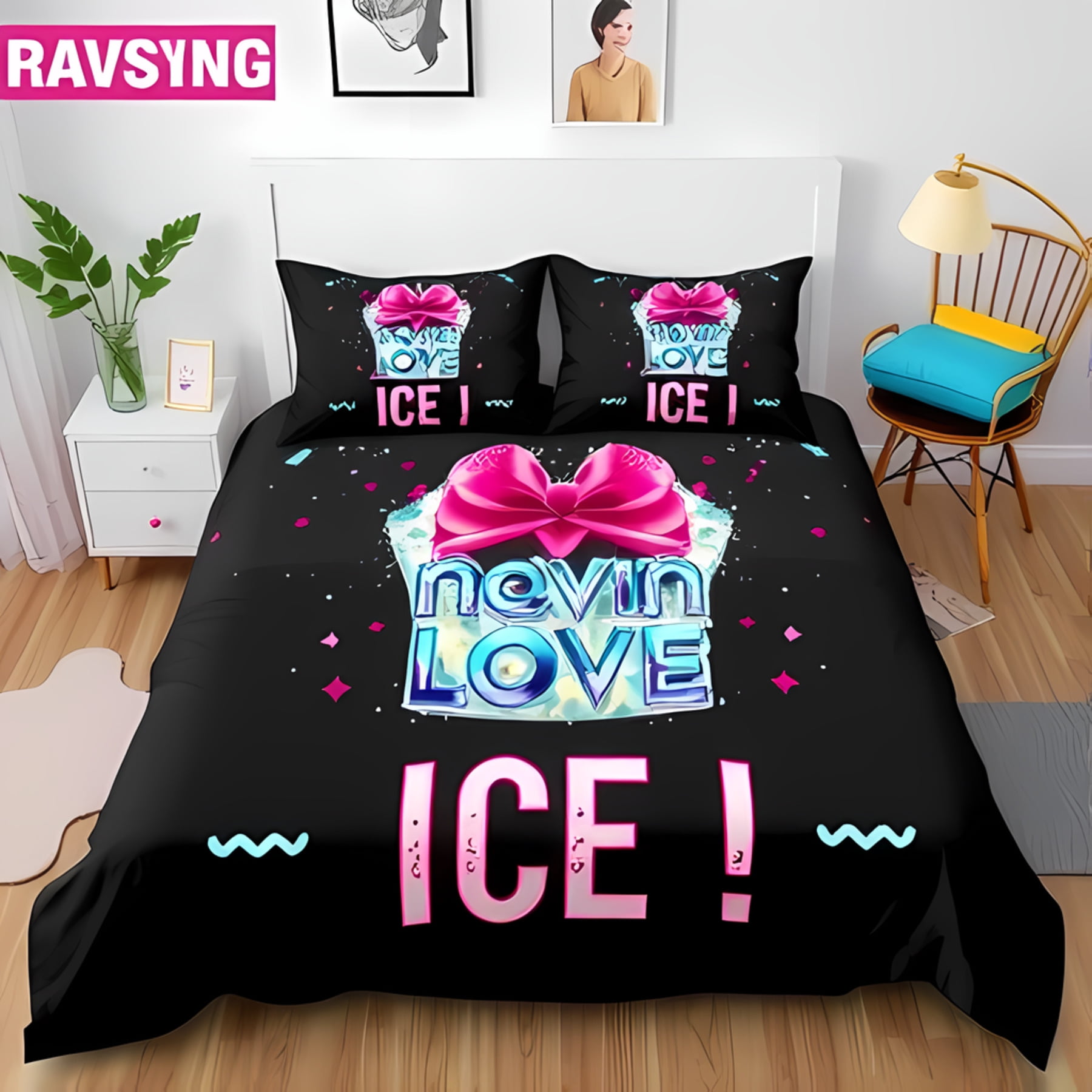 3-Piece Black Duvet Cover Set with Vibrant Gift Box Design Pink Bow ...