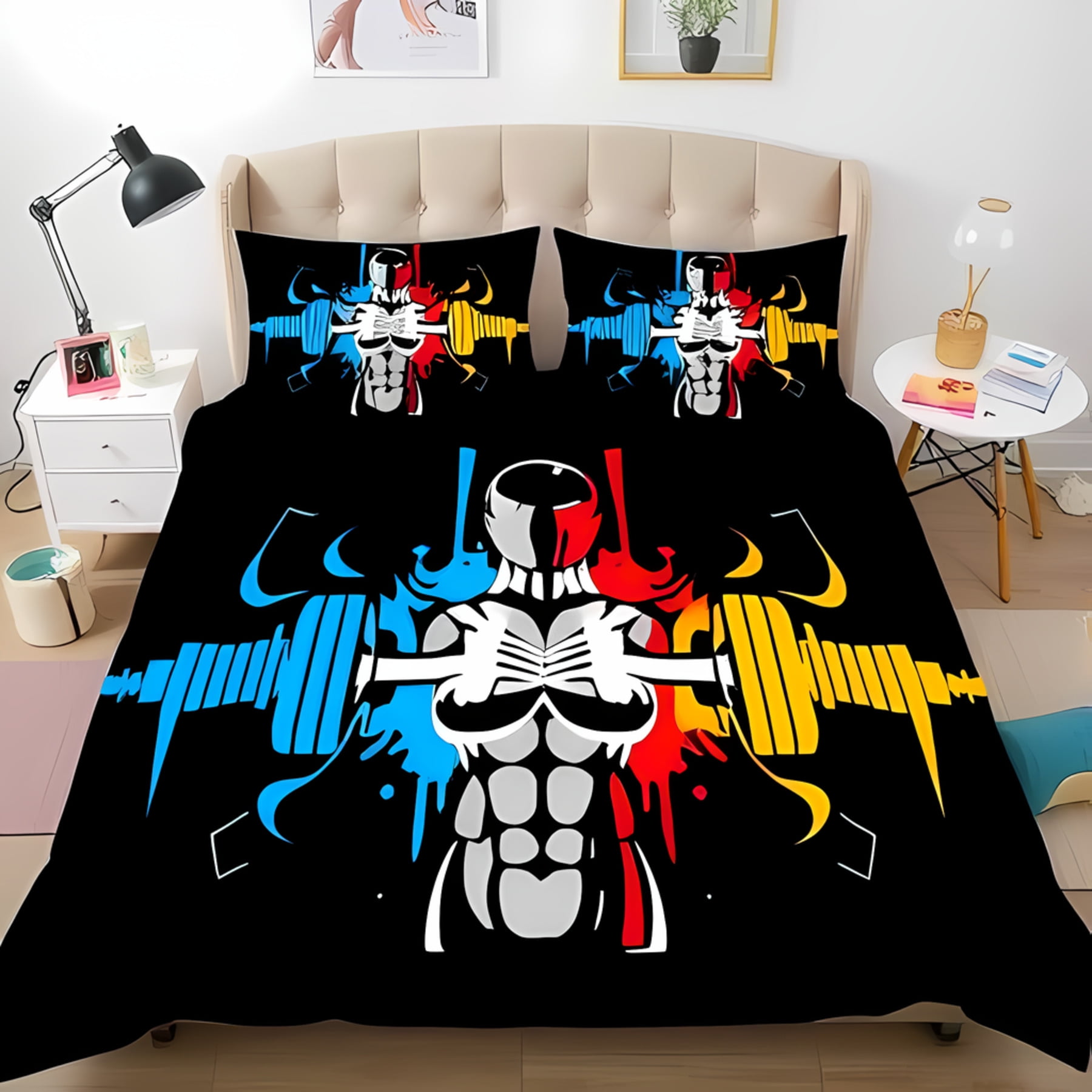 3-Piece Black Duvet Cover Set with Vibrant Muscular Figure Lifting ...