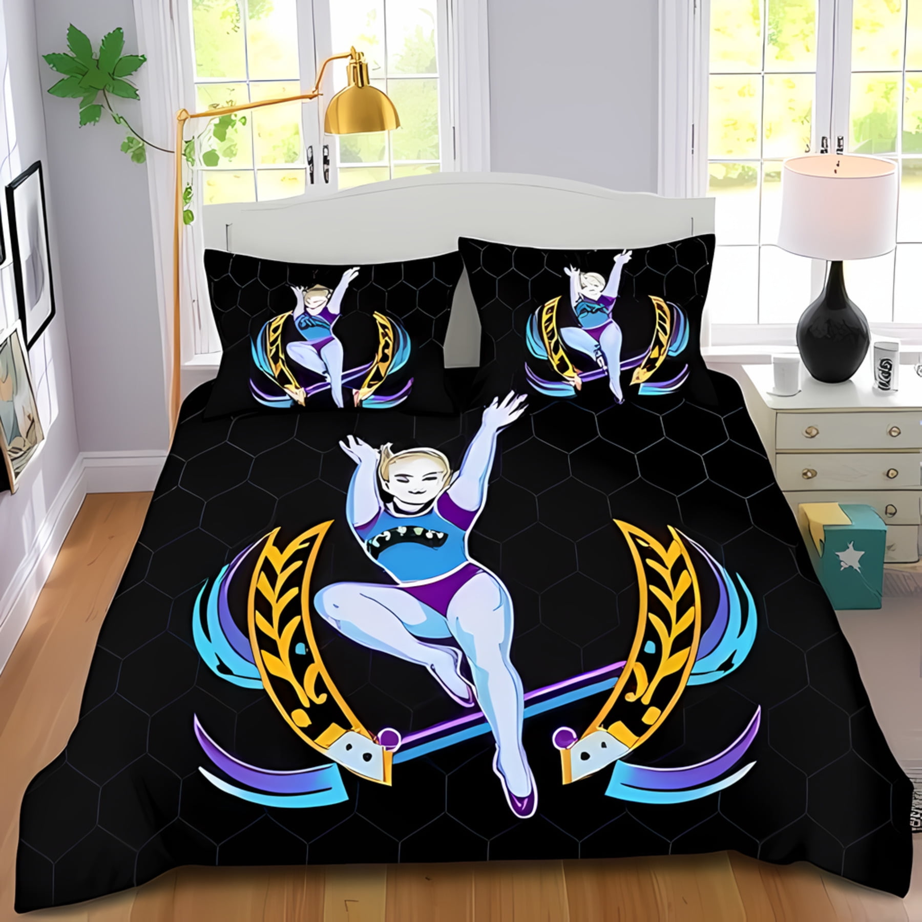 3-Piece Black Duvet Cover Set with Vibrant Purple Teal & Gold Gymnast ...