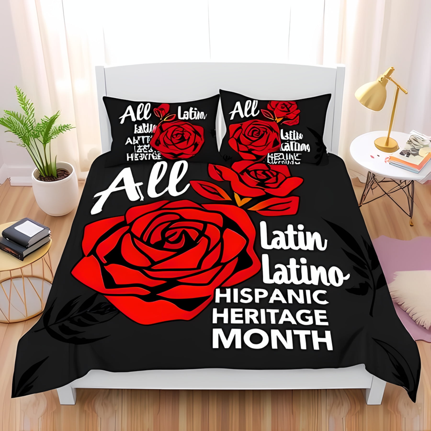 3-Piece Black Duvet Cover Set with Vibrant Red Roses & " All Latin ...