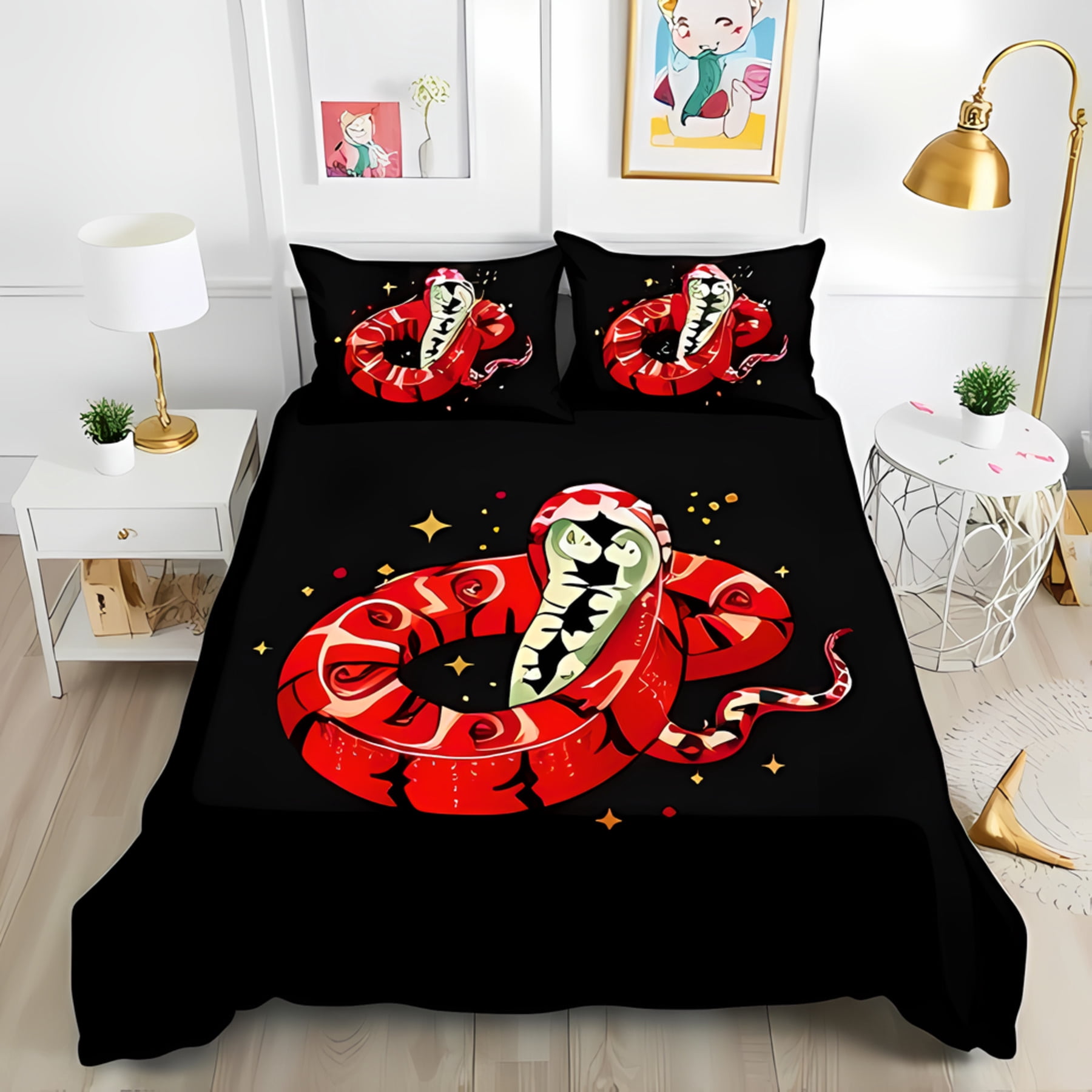3-Piece Black Duvet Cover Set with Vibrant Red Snake Design & Accents ...
