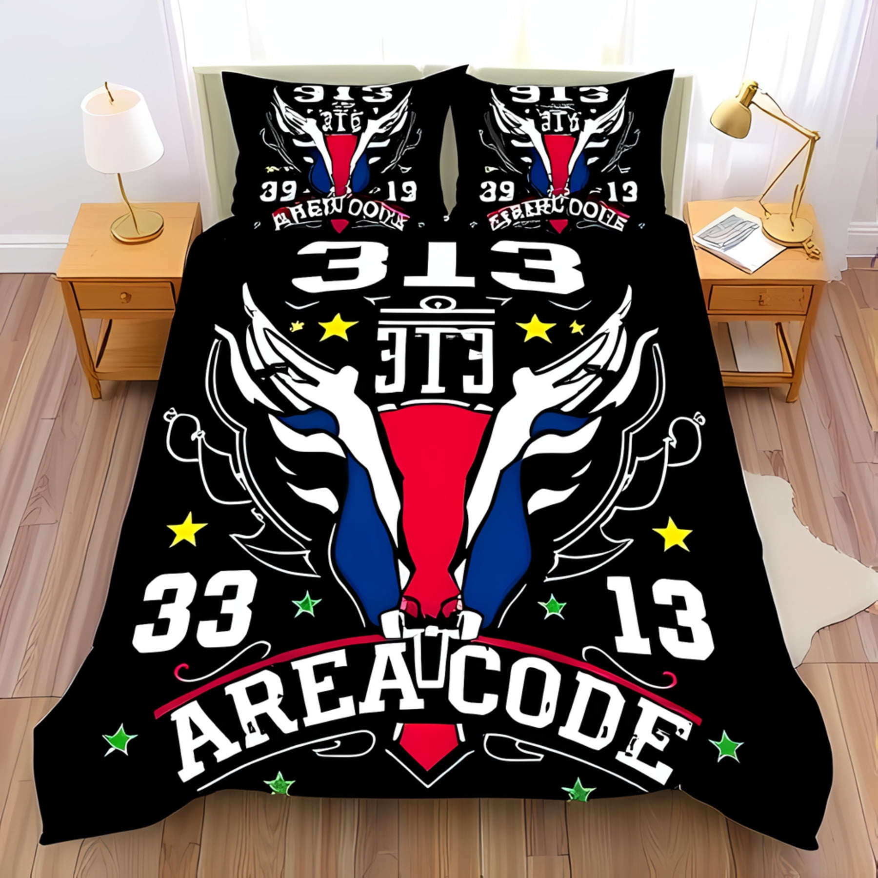 3-Piece Black Duvet Cover Set with Vibrant Red White & Blue Winged ...