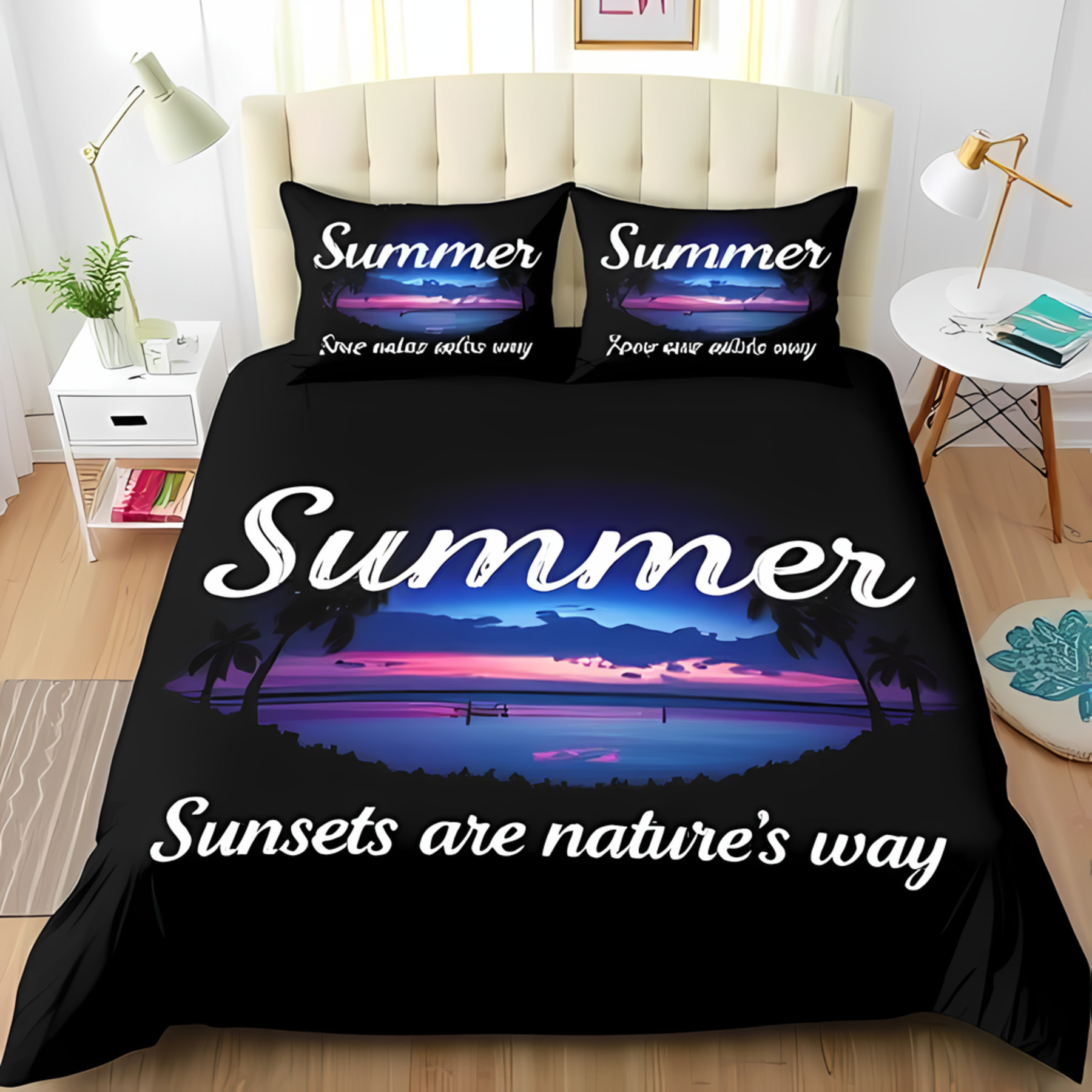 3-Piece Black Duvet Cover Set with Vibrant Sunset Scene Silhouetted ...
