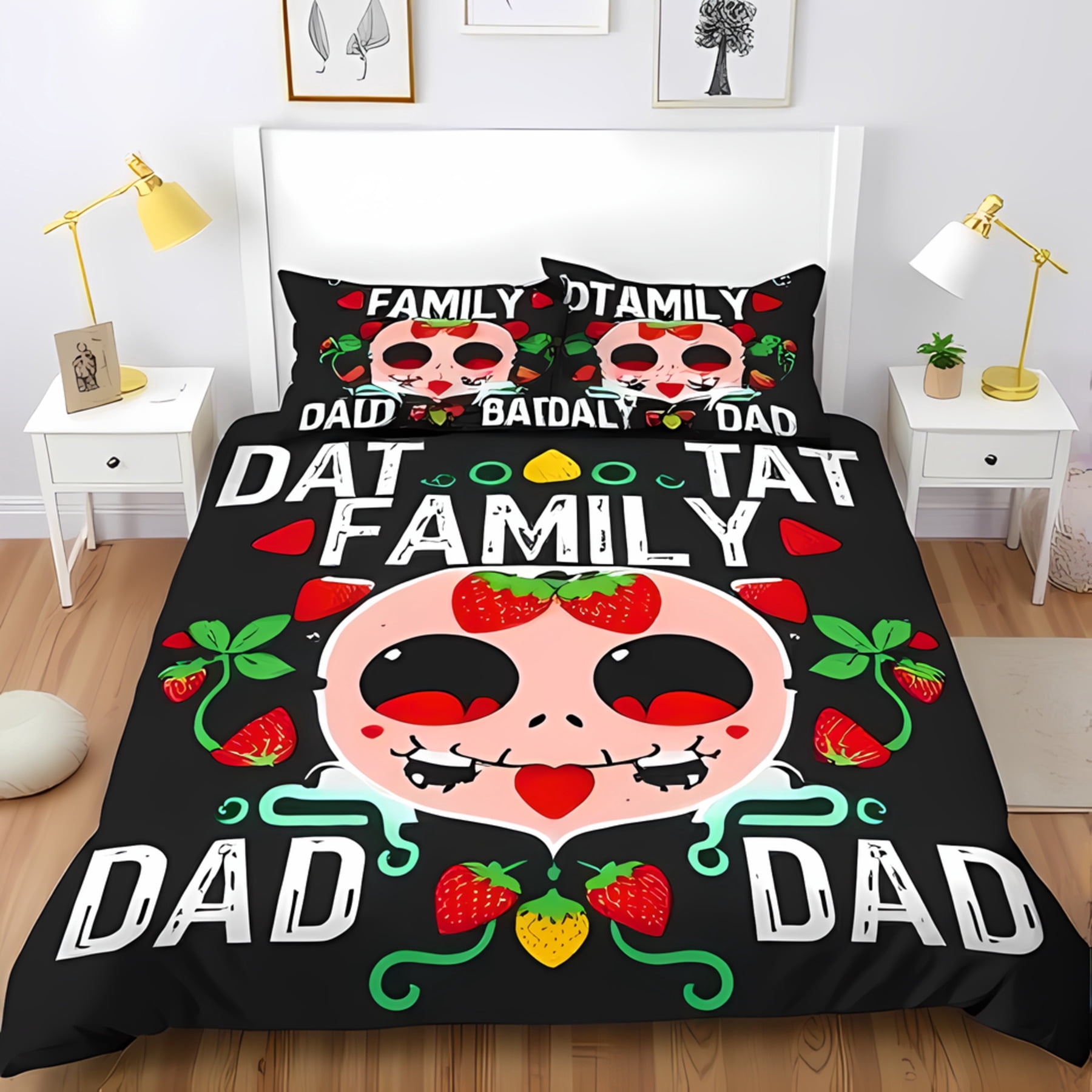 3-Piece Black Duvet Cover Set with Whimsical and Strawberry Design ...