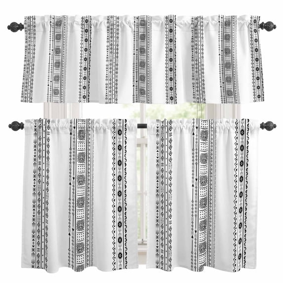 3 Piece Black Geometric Kitchen Curtain Valance and Tiers Set Boho ...