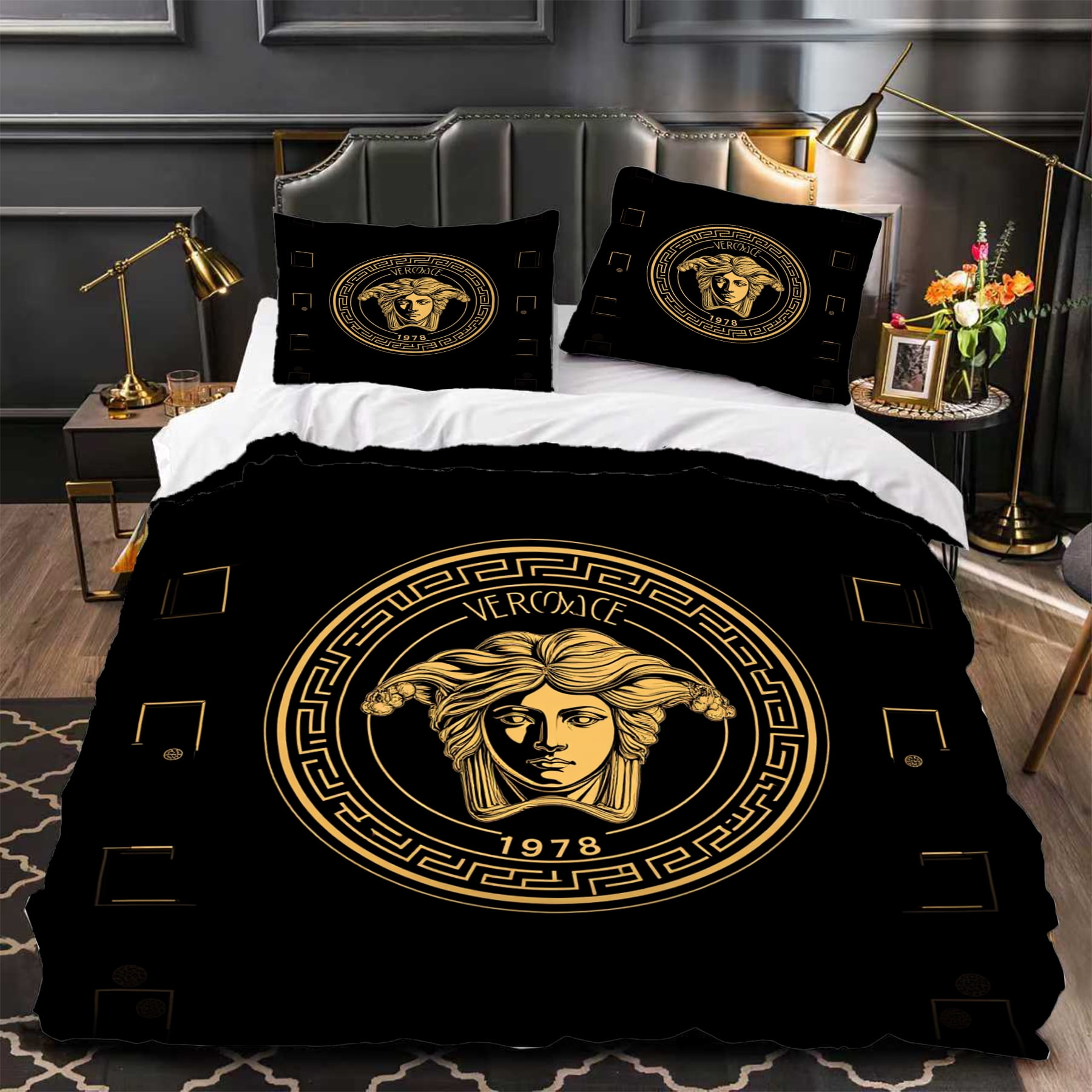 3-Piece Black & Gold Duvet Cover Set with VEROCA Emblem Modern ...