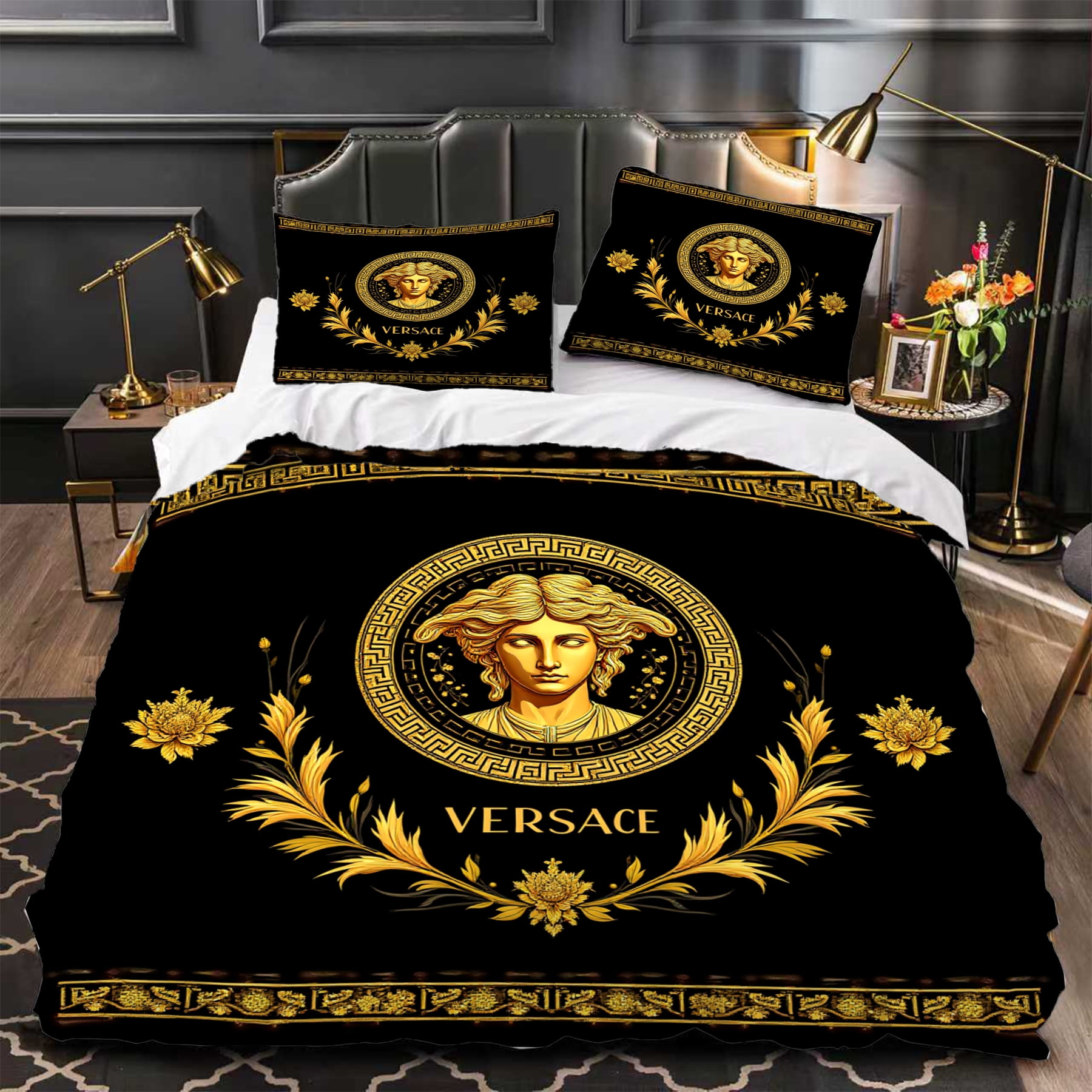 3-Piece Black & Gold Duvet Cover Set with Woman's Emblem Intricate ...