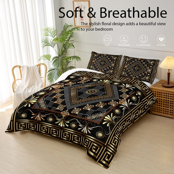 3-Piece Black Gold Floral Comforter Set King Size, Bohemian Bedding Set ...