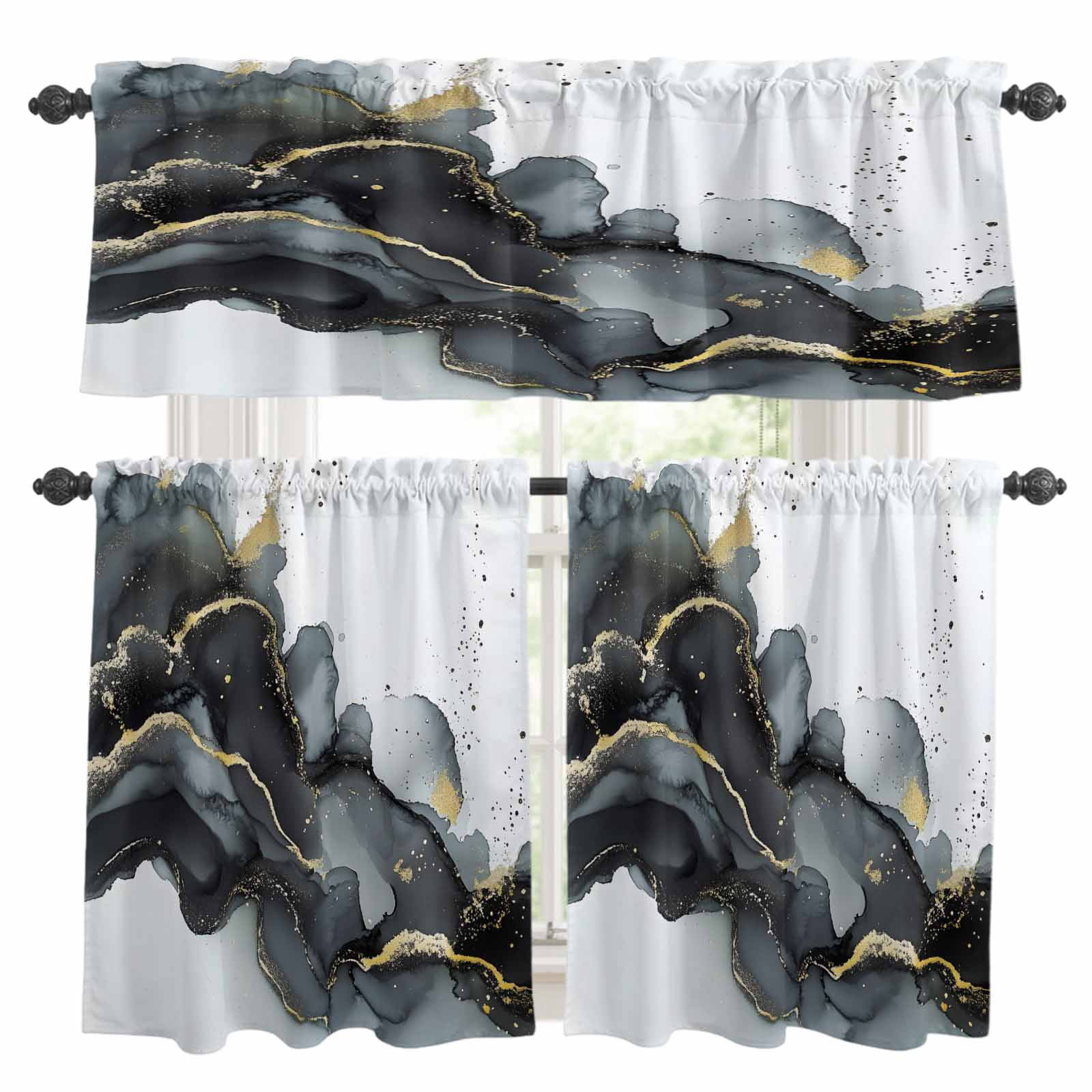 3 Piece Black Gold Gradient Kitchen Curtain Valance and Tiers Set ...