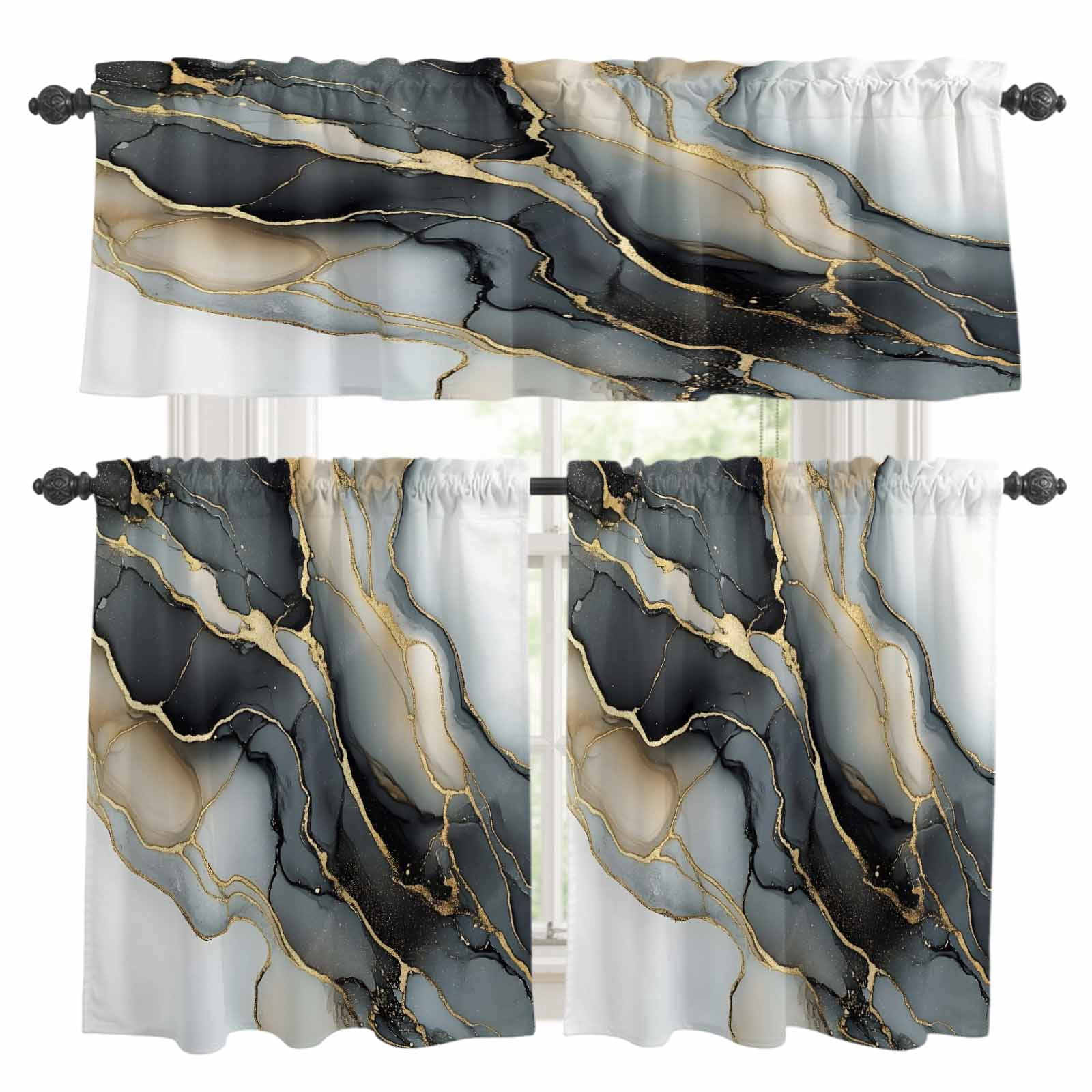 3 Piece Black Gold Gradient Kitchen Curtain Valance and Tiers Set ...